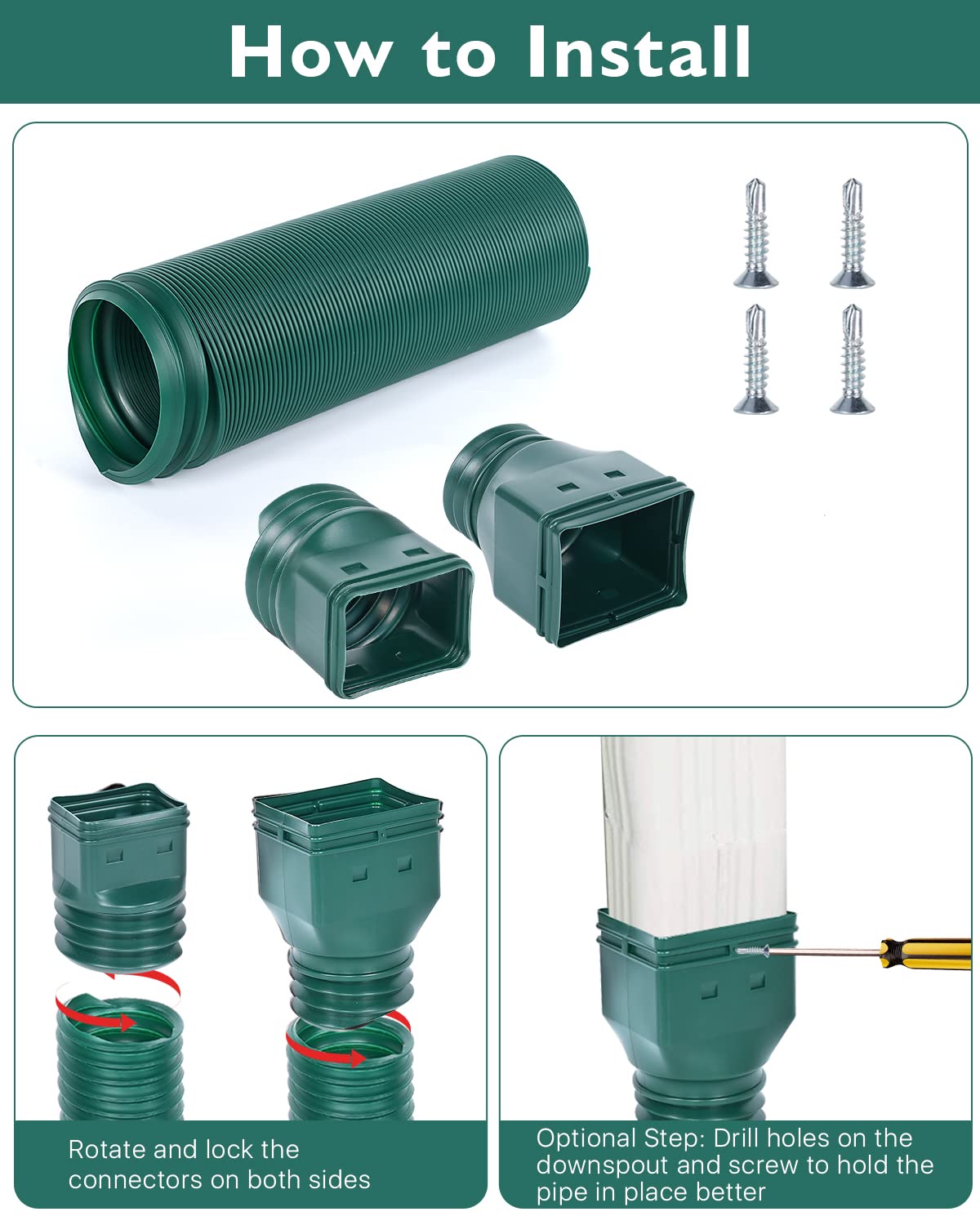 POBOMVOM Rain Gutter Downspout Extensions, 21"-60" Flexible Drain Downspout Extender, Rainwater Drainage Pipe with 4" x 3" and 3" x 2" Connectors, Screws Included (2 Packs, Green)