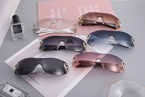 Pro Acme Y2K Rimless Sunglasses Womens Wrap Around Star 2000s Trendy Visor Shield Shades Oversized Fashion Frameless Glasses UV400(White/Gradient Silver)