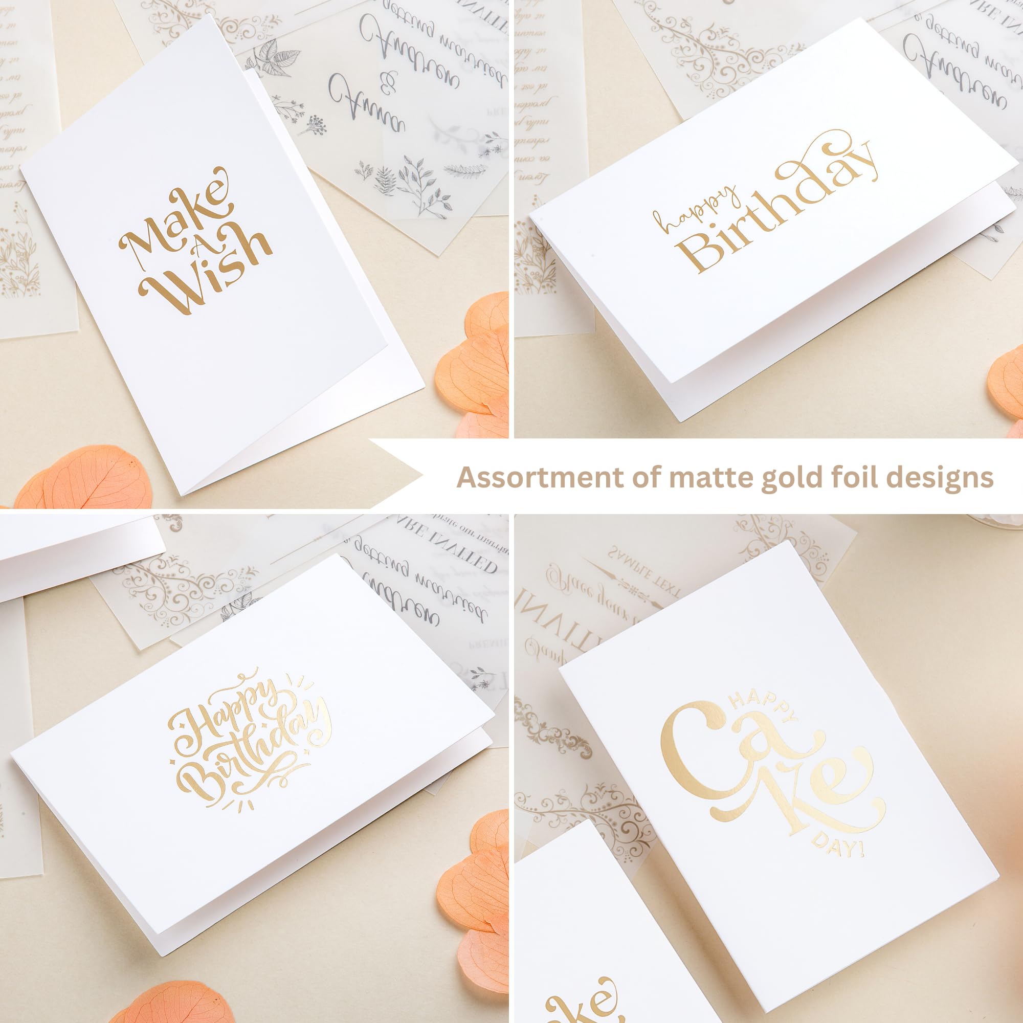 Paper Play 20 Pack Assorted Birthday Cards - 4 Matte Gold Foil Designs Happy Birthday Cards - 4 x 6 Inches Blank Birthday Notes Bulk Box Set - Greeting Cards with Envelopes & Gold Foil Stickers