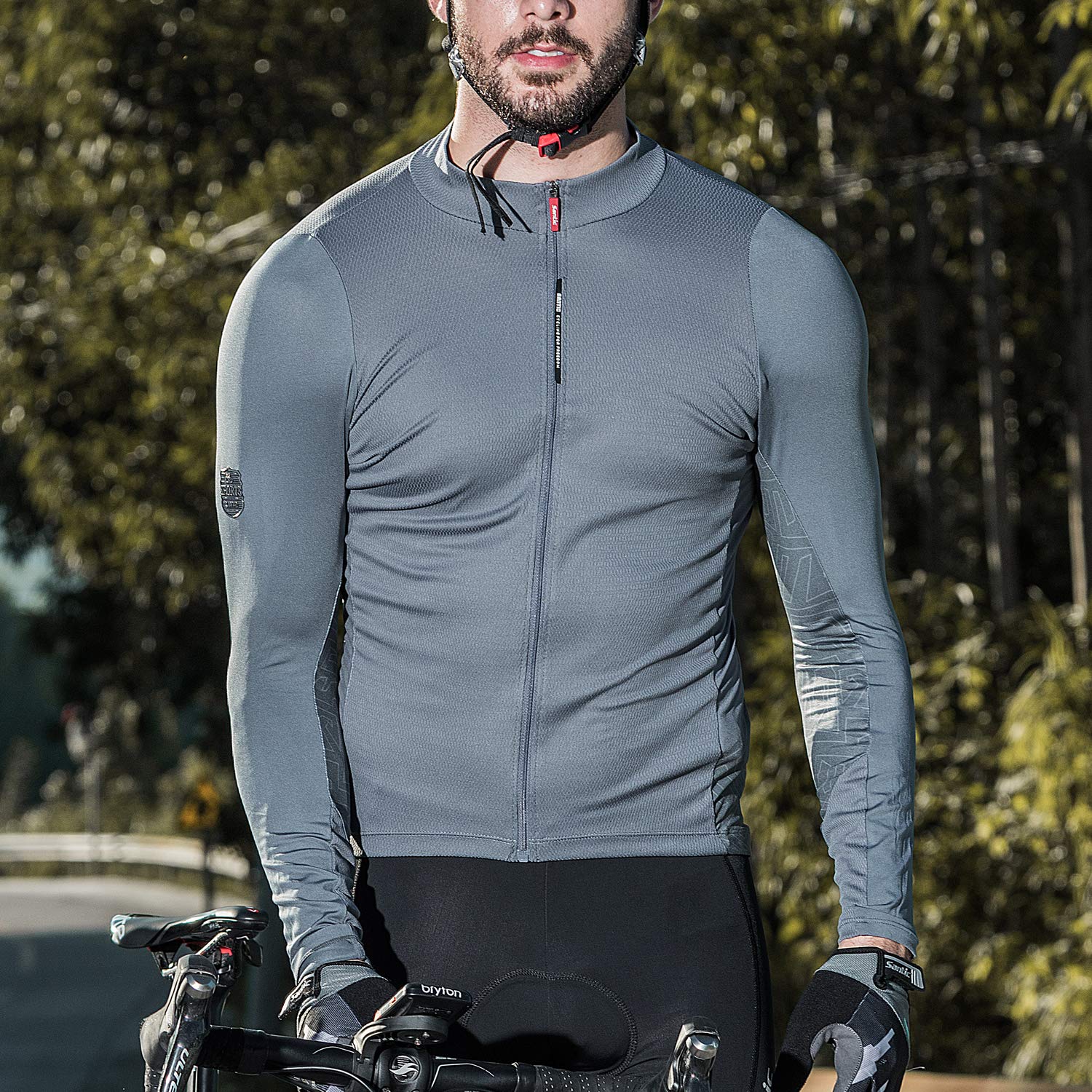 Santic Cycling Jersey Men's Long Sleeve Tops Mountain Bike Shirts Bicycle Jacket with Pockets Grey XL