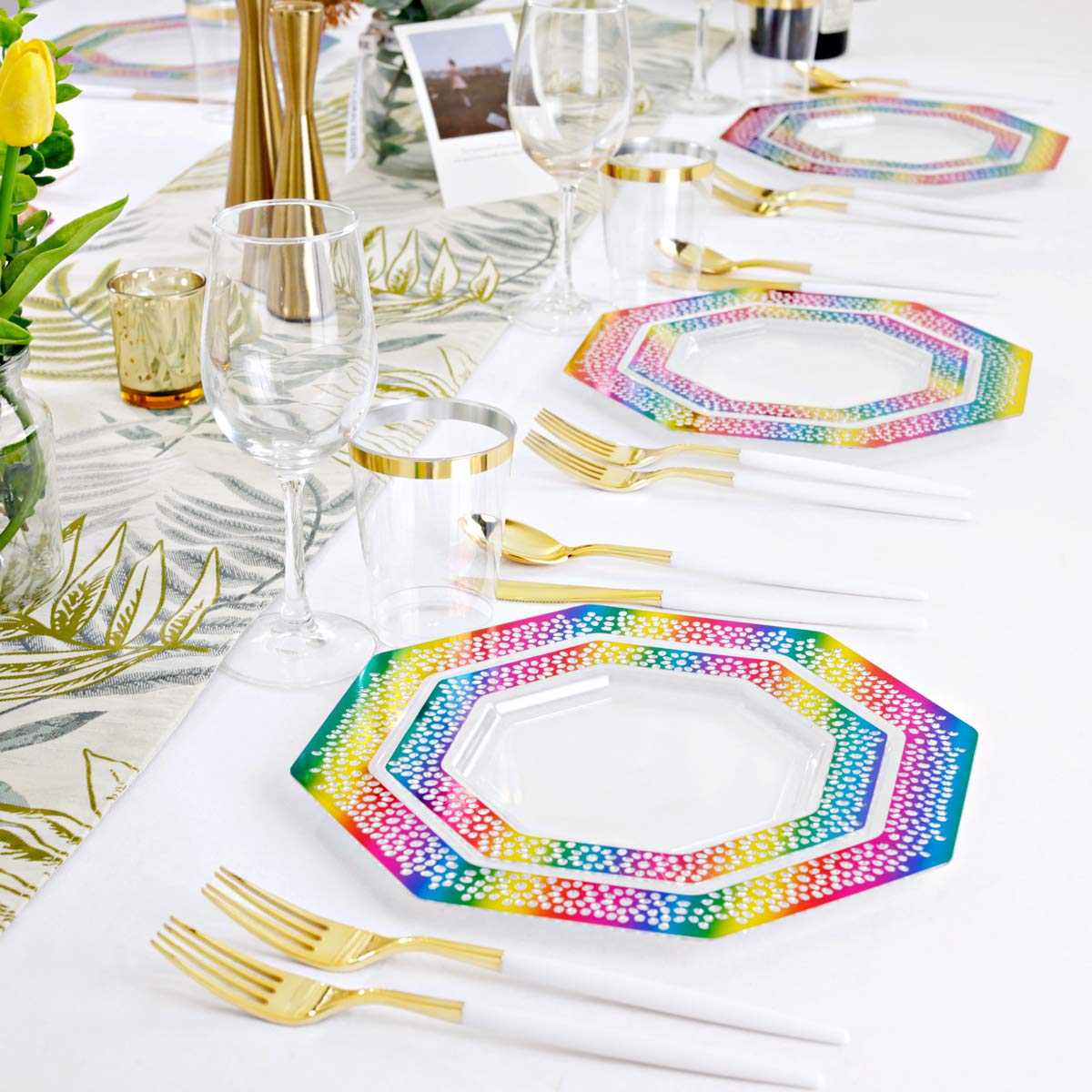 supernal 60pcs Rainbow Plastic Plates,Clear Plates with Rainbow Lace Design,Clear Plastic Plates,Disposable Plates includ 30 Dinner Plates,30 Dessert Plates for Party and Birthday Parties