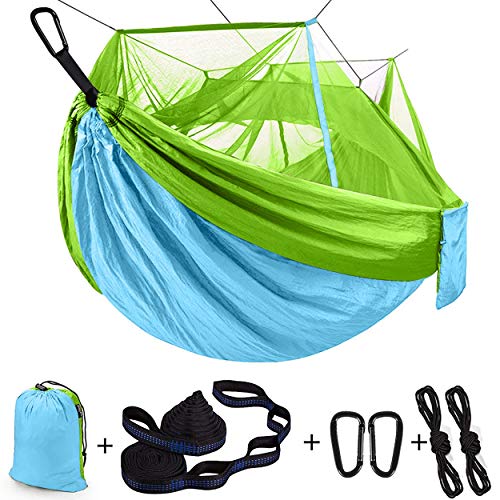Single & Double Camping Hammock with Net Mosquito/Bug | Included Tree Straps and Carabiners, Parachute Nylon | Easy Assembly, Lightweight, Portable | Indoor Outdoor Backpacking - Full Size, Sky Green