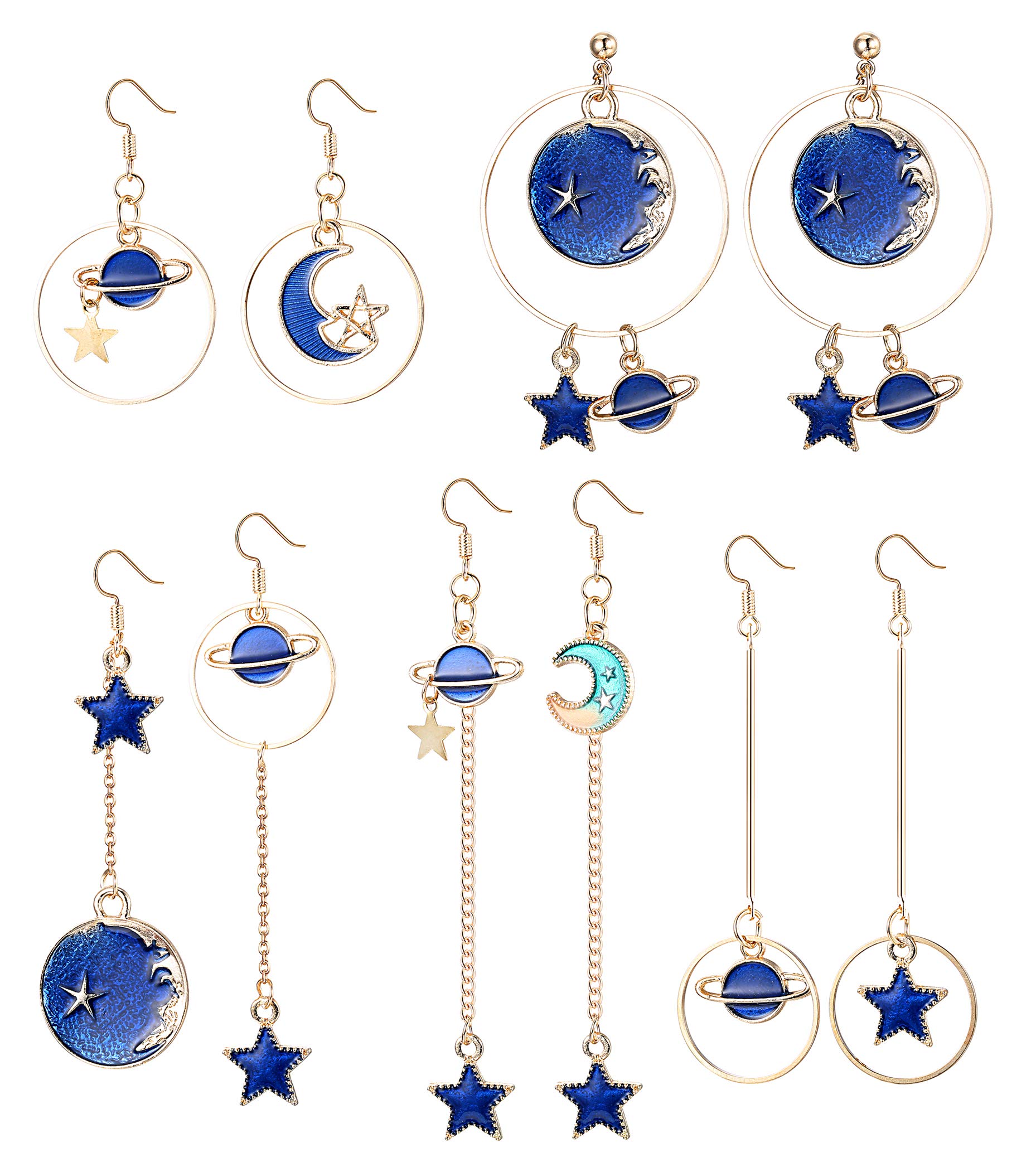 SAILIMUE 5 Pairs Enamel Moon Star Earth Planet Earrings Set Asymmetric Long Pendant Hook Dangle Stud Earrings for Women
