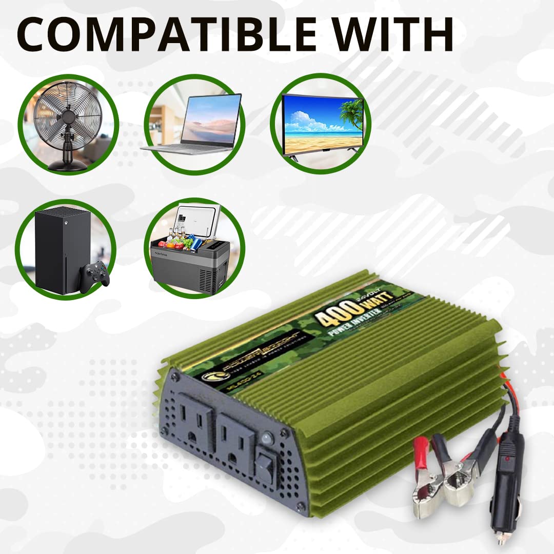 PowerBright 400 Watt Power Inverter, DC 24V to 120V AC Car Inverter, Modified Sine Wave with 120V AC Outlets, Car Battery Cables w/Alligator Clips & Car Cigarette Lighter Plug Adapter - CE Approved