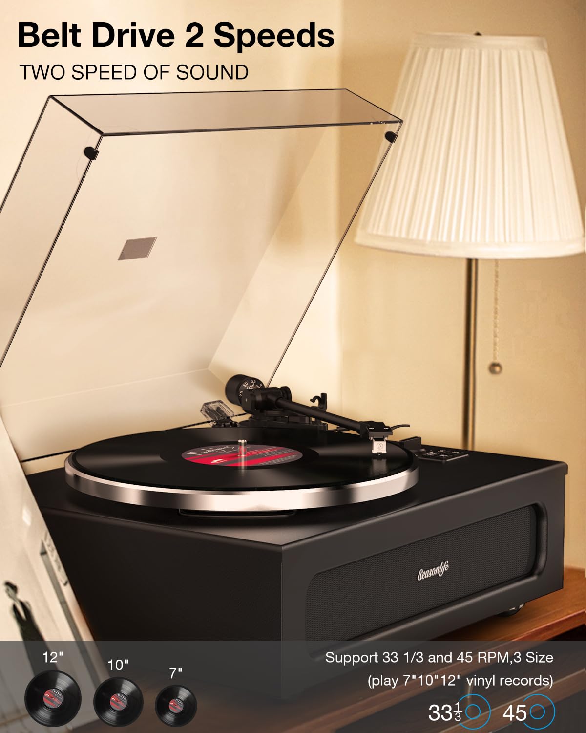 Record Player High Fidelity Turntable for Vinyl Records Built-in 4 Stereo Speakers All-in-One Vinyl Player Belt Drive Turn table with MM Cartridge ATN-3600L Stylus 33 45 Speed Bluetooth Classic Black