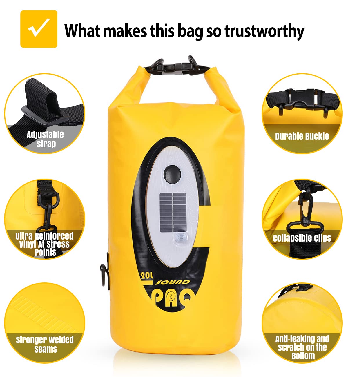 Qoolife Dry Bag Waterproof with Solar Bluetooth Speaker & Light - 20L Roll Top Dry Sack Keeps Gear Dry for Men Women Kayaking, Beach, Rafting, Boating, Hiking, Camping and Fishing (Yellow-BL)