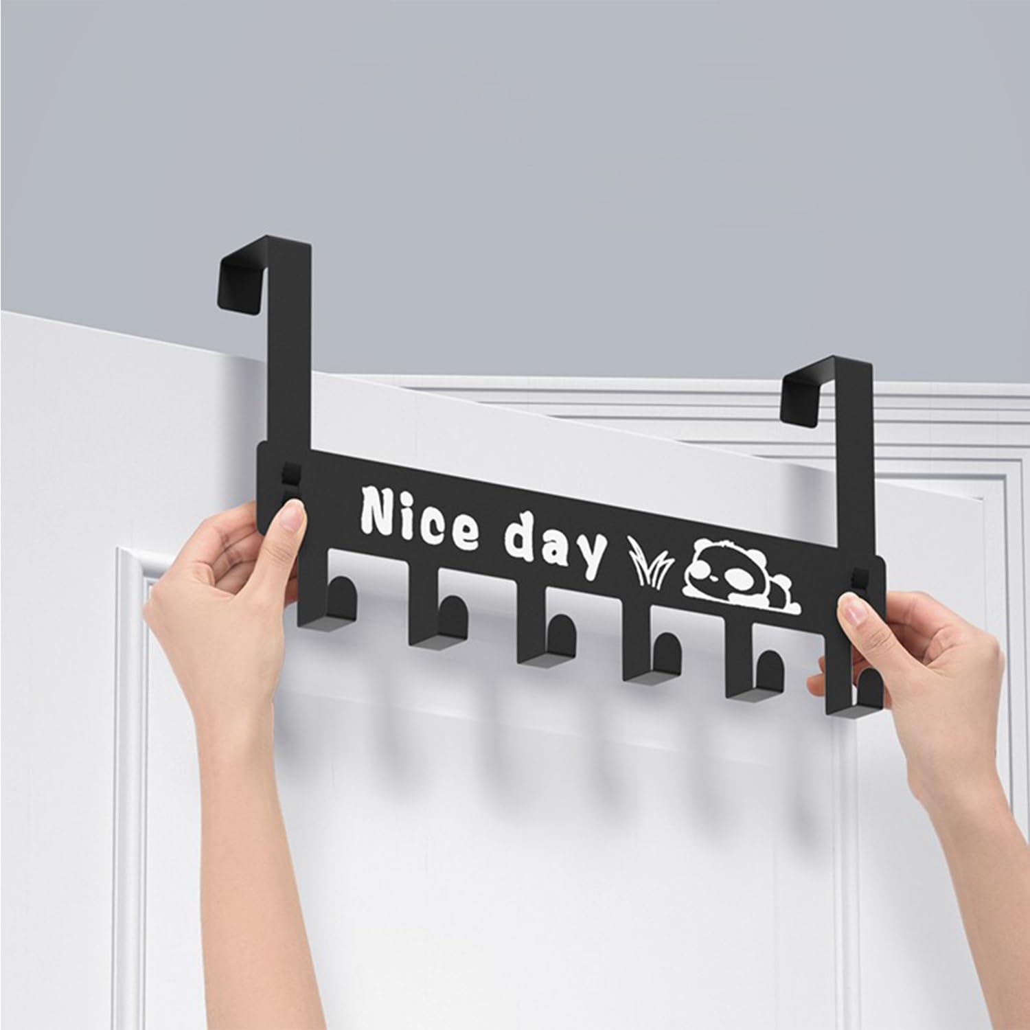 pekox Over The Door Hook with 6 Hooks for Towels, Clothes, and Bathroom Black Door Hanger and Towel Rack, Space Saving Coat Hanger Rack (Black 2)