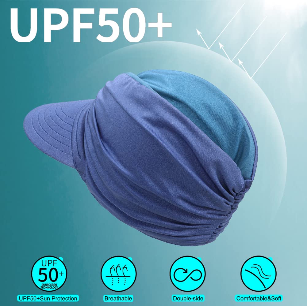 Womens Wide Brim Visor UV Protection Sun Visor Hat for Pool Sports Beach Golf Hiking, Ponytail High Bun Visors Blue