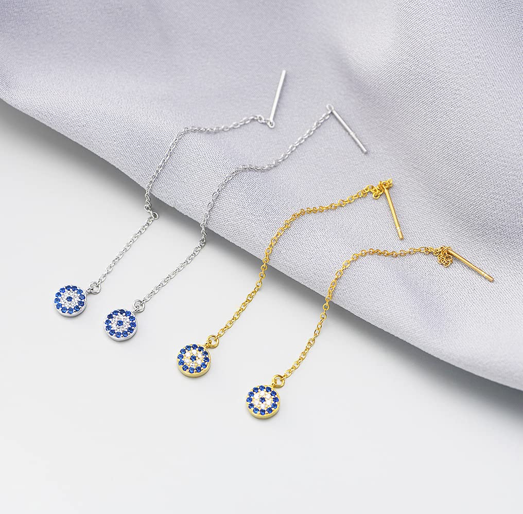 Reffeer 925 Sterling Silver Evil Eye Chain Earrings Studs for Women Evil Eye Dangle Earrings Chain (A-Silver)