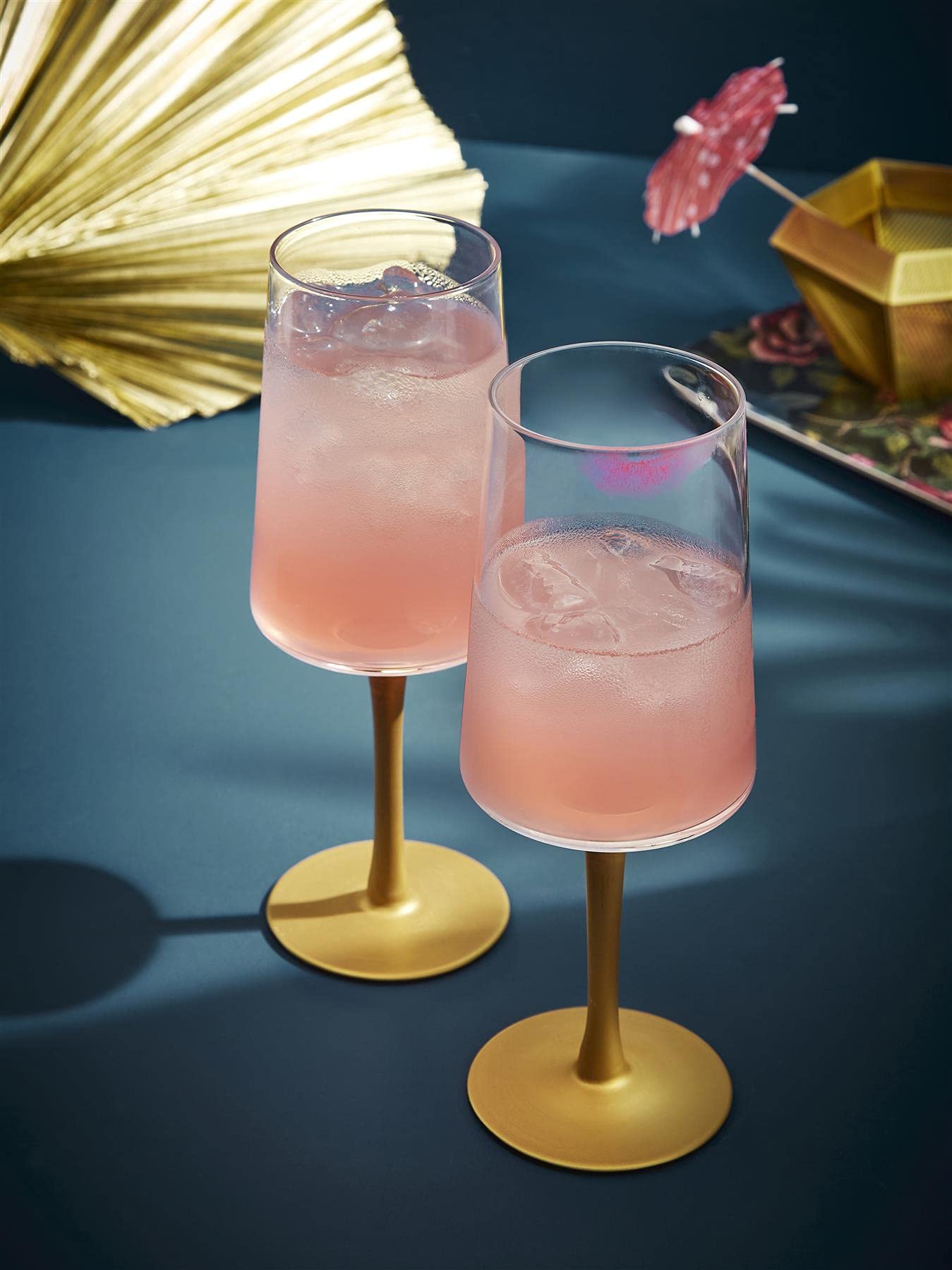 Spode Creatures of Curiosity Collection Gold Stem Wine Glasses Set of 2, Long Stem Rosé, Red and White Wine Glass, 12-Ounce Cup, Glass Stemware with Gift Box