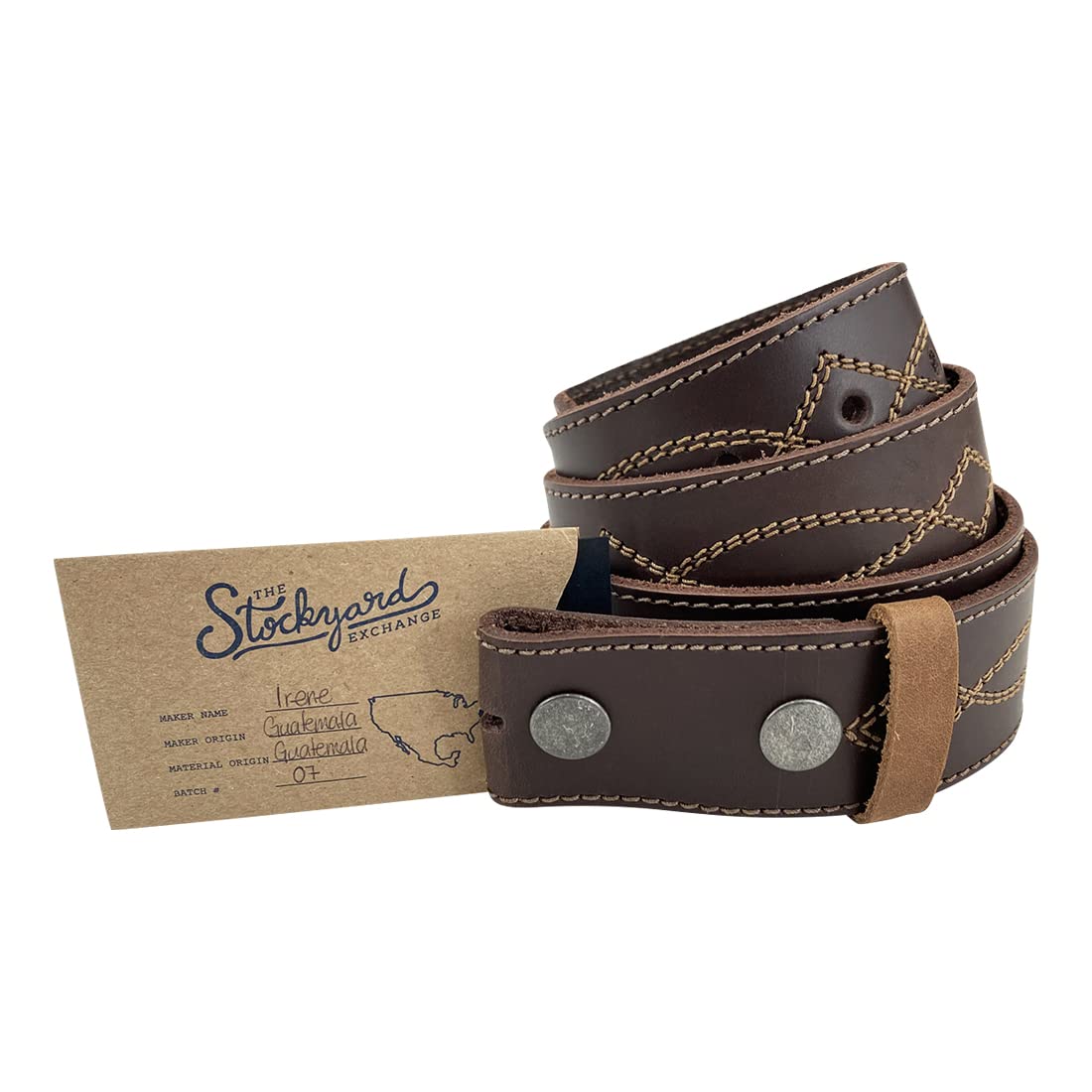 Western Leather Works, Rustic No Buckle Belt with Cowboy Stitching Handmade from Full Grain Leather - Snap On Belt (34)