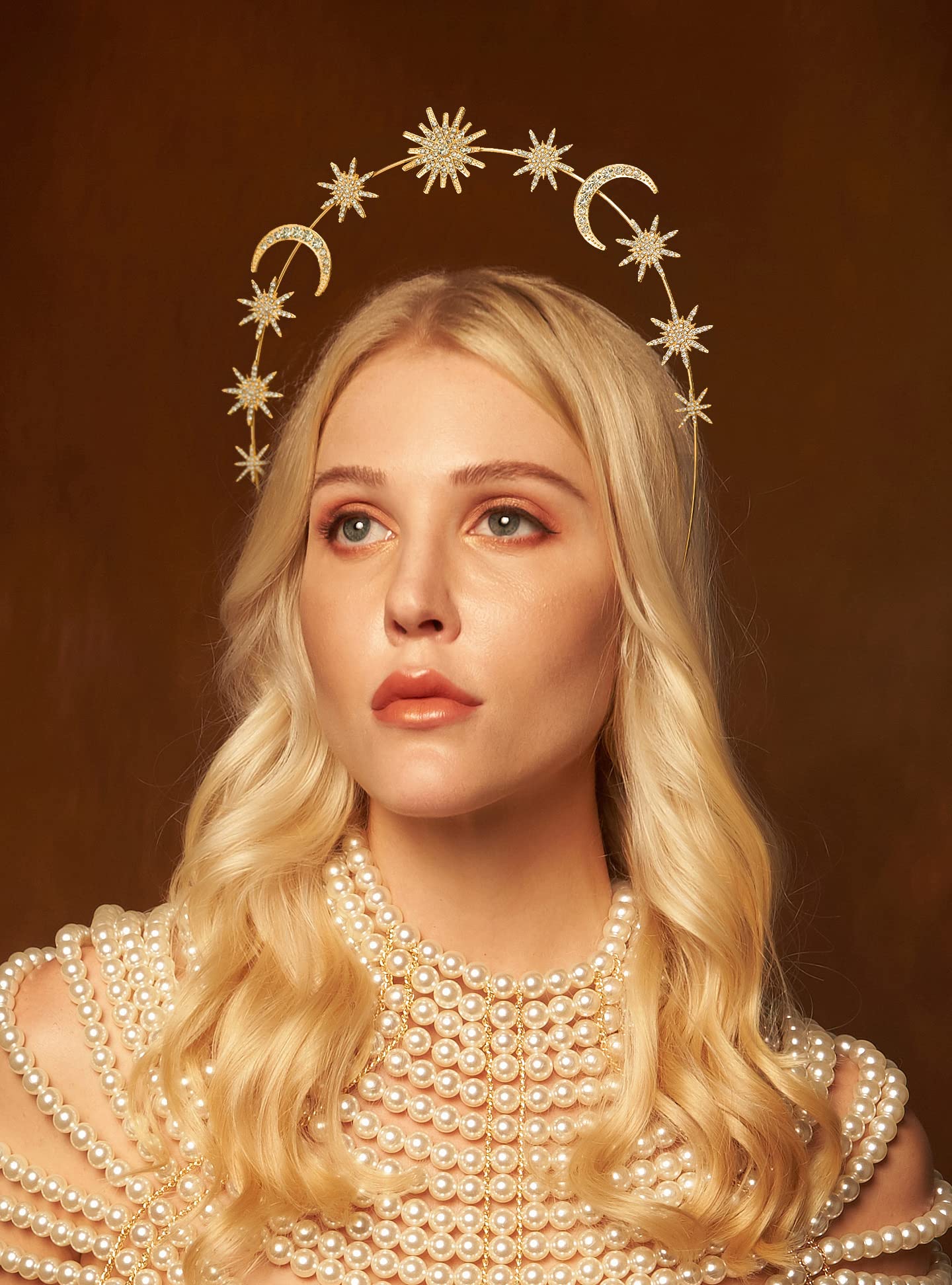 Star and Moon Halo Crown Goddess Crown Celestial Headband Starburst Halo Wedding Bridal Prom Tiara (2-Gold)
