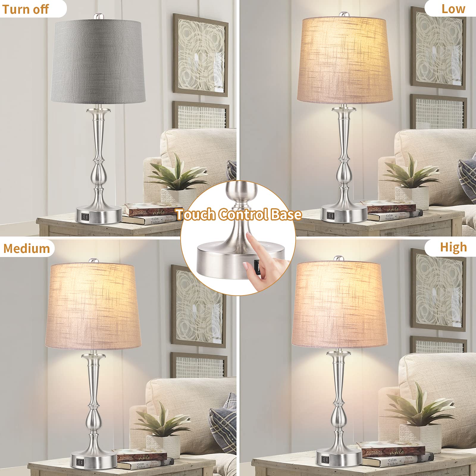 PARTPHONER Set of 2 Touch Control Table Lamp with Dual USB Charging Ports Desk Lamps, 3-Way Dimmable Modern Nickel Finish Bedside Large Table Lamps for Living Room, Bedroom