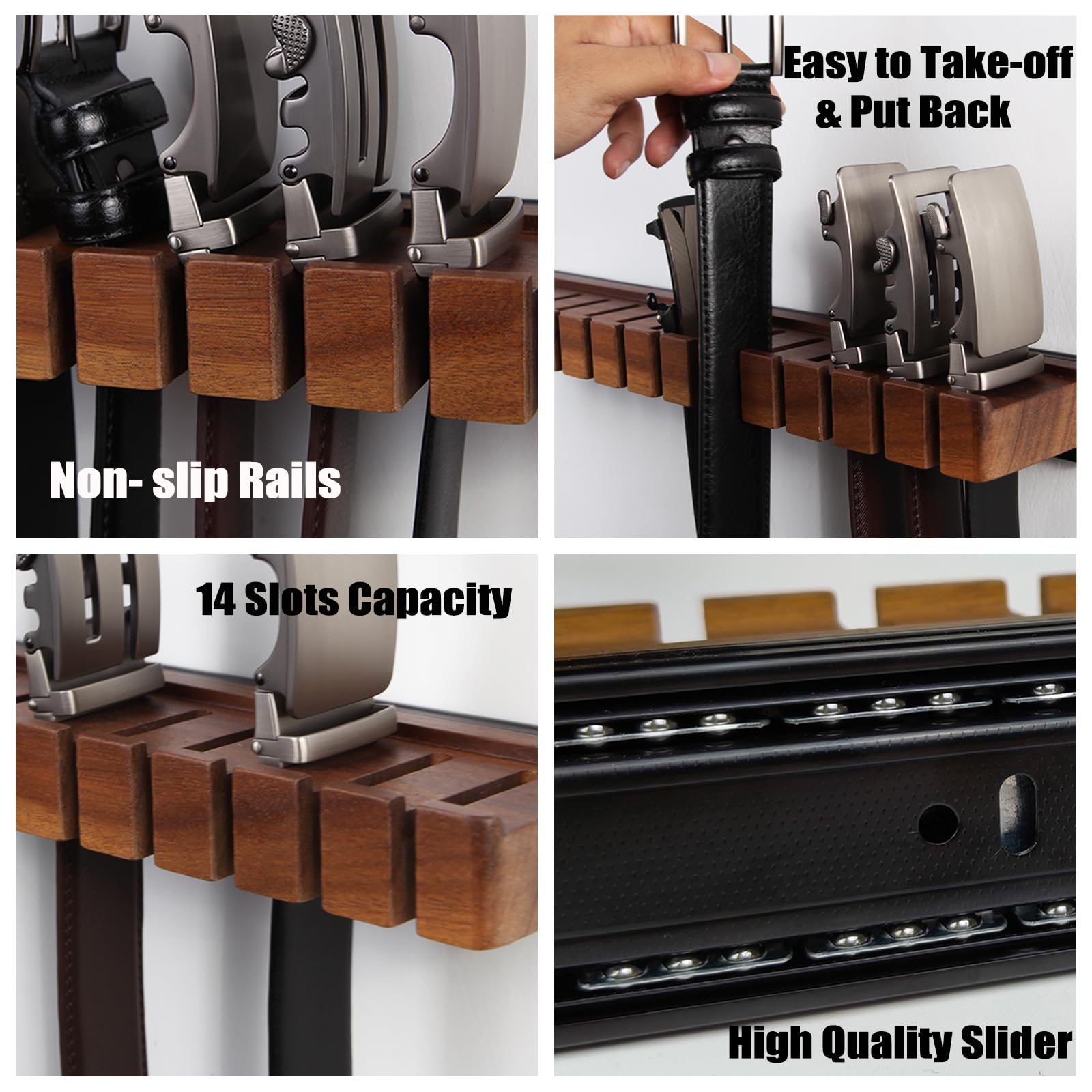 Premium Walnut Wood Belt Hanger with Slider, Belt Closet Organizer and Storage, Belt Hanger for Closet, Space Saving Hangers for Belt and Tie, Wooden Belt Holder, Tie Rack Tie Hanger for Men