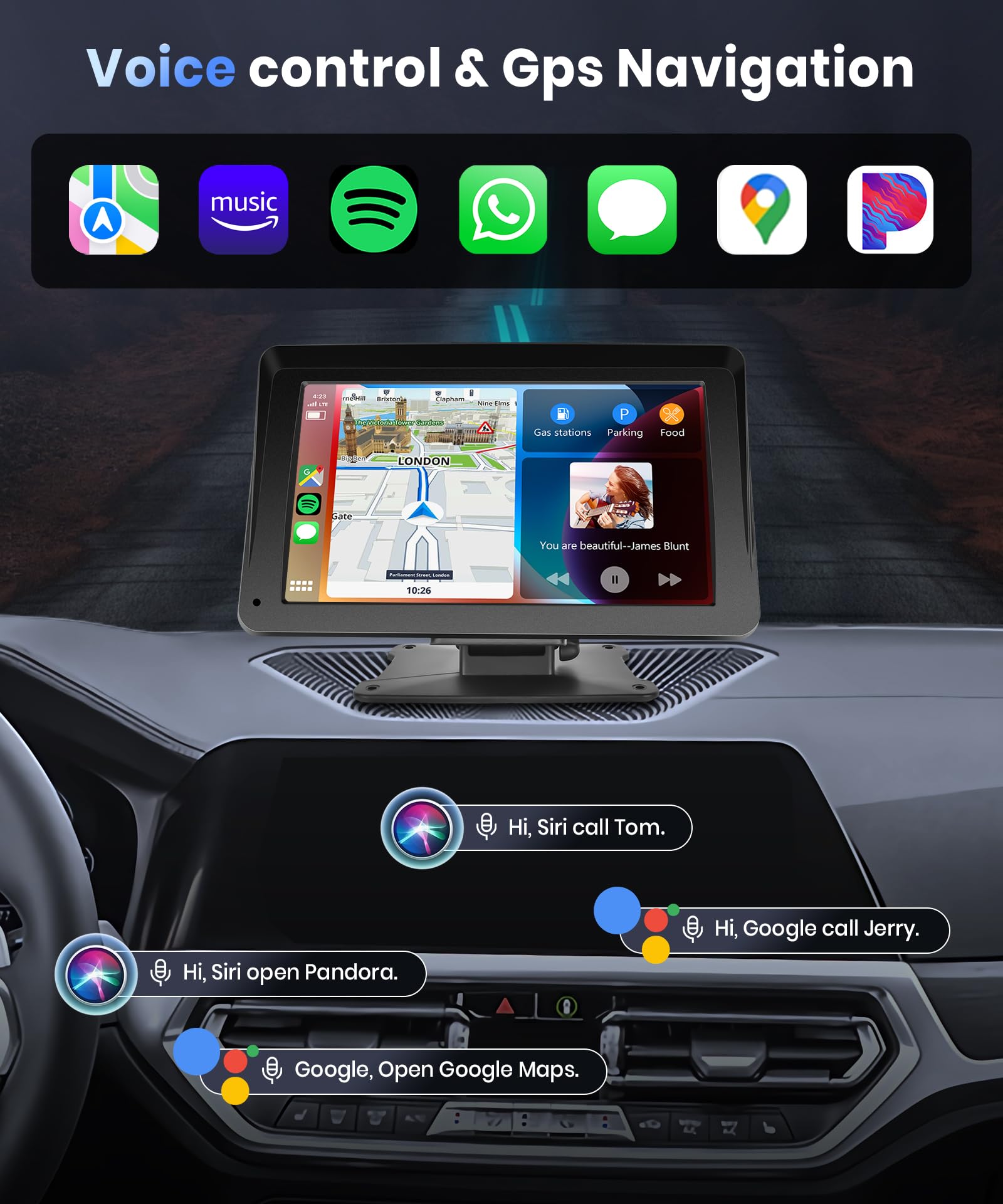 Podofo Portable Car Stereo Wireless Apple Carplay Android Auto,7 Inch Touch Screen Car Radio with Bluetooth Hands-Free/Mirror Link/Maps Navigation/Voice Control/TF Card/AUX,for Cars, Trucks, SUVs