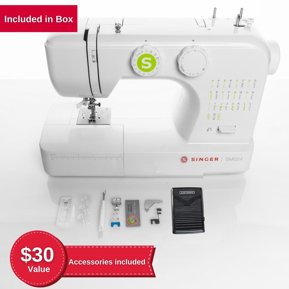 SINGER SM024 White Metal Sewing Machine with 24 Stitches and LED Lighting