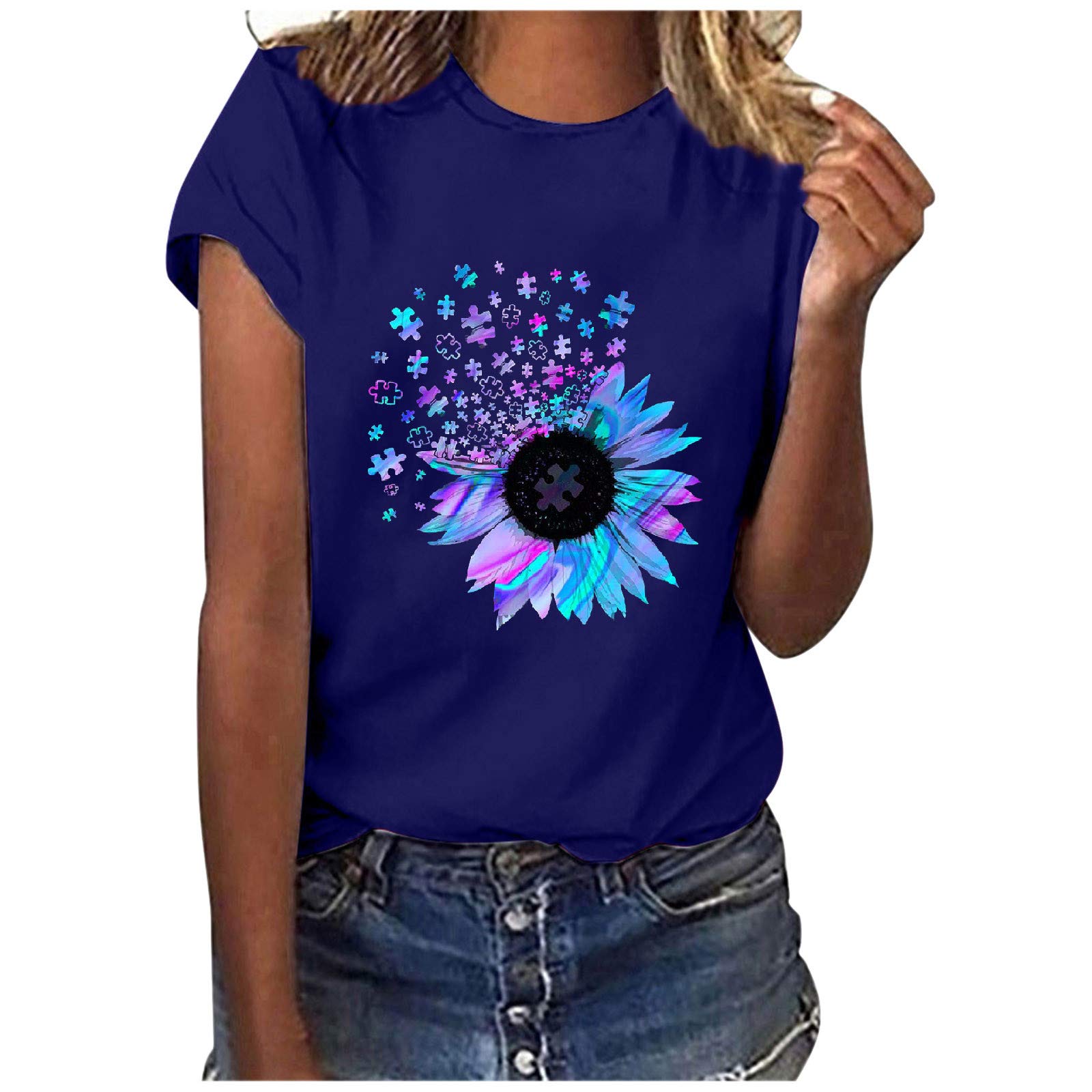 Summer Tops for Women Casual Short Sleeve Loose Fit Sunflower Graphic Tees Vintage Shirts Blouses (Medium, Blue)
