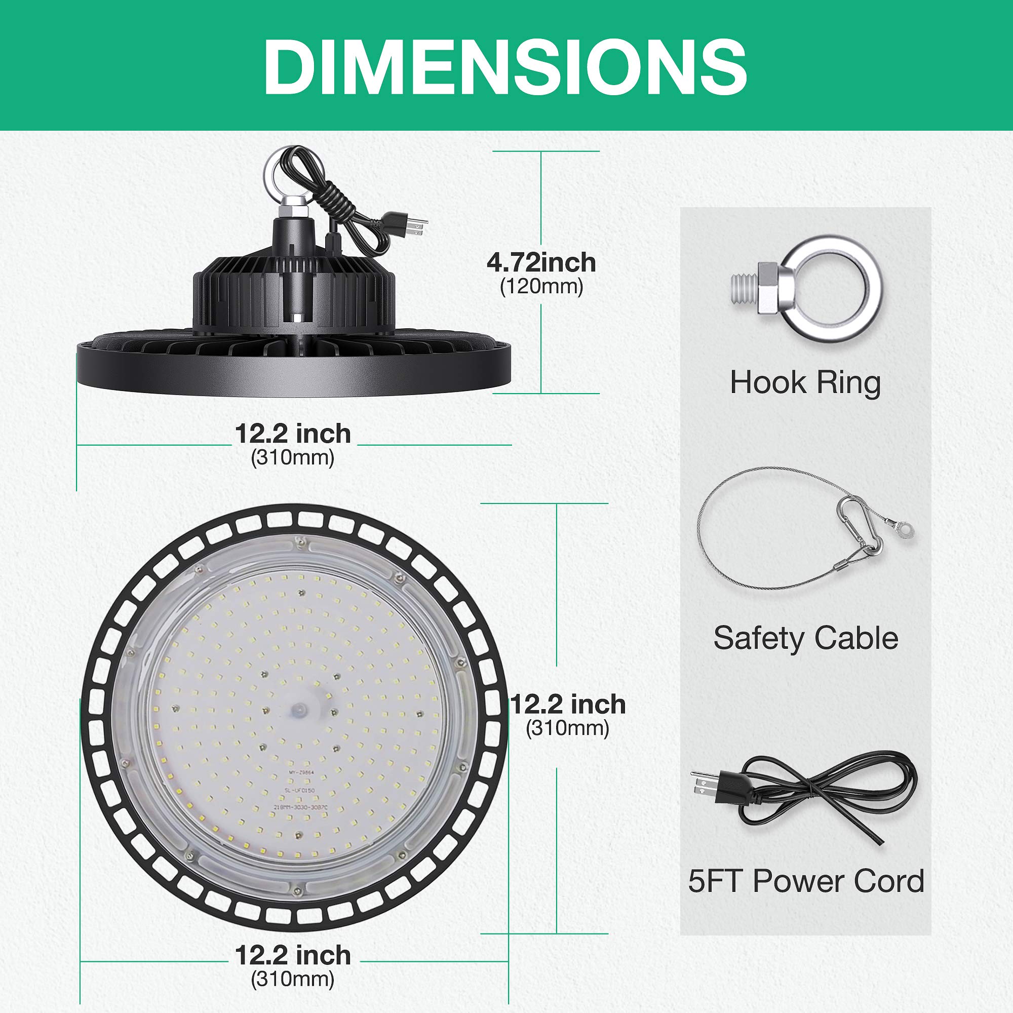 VCMAG 2 Pcs UFO LED High Bay Light, 150W, 21000 LM, 5000K Daylight, IP65 Waterproof, Commercial Warehouse/Workshop/Wet Location Area Lighting Fixture, Non-Dim, 5ft Cable with US Plug