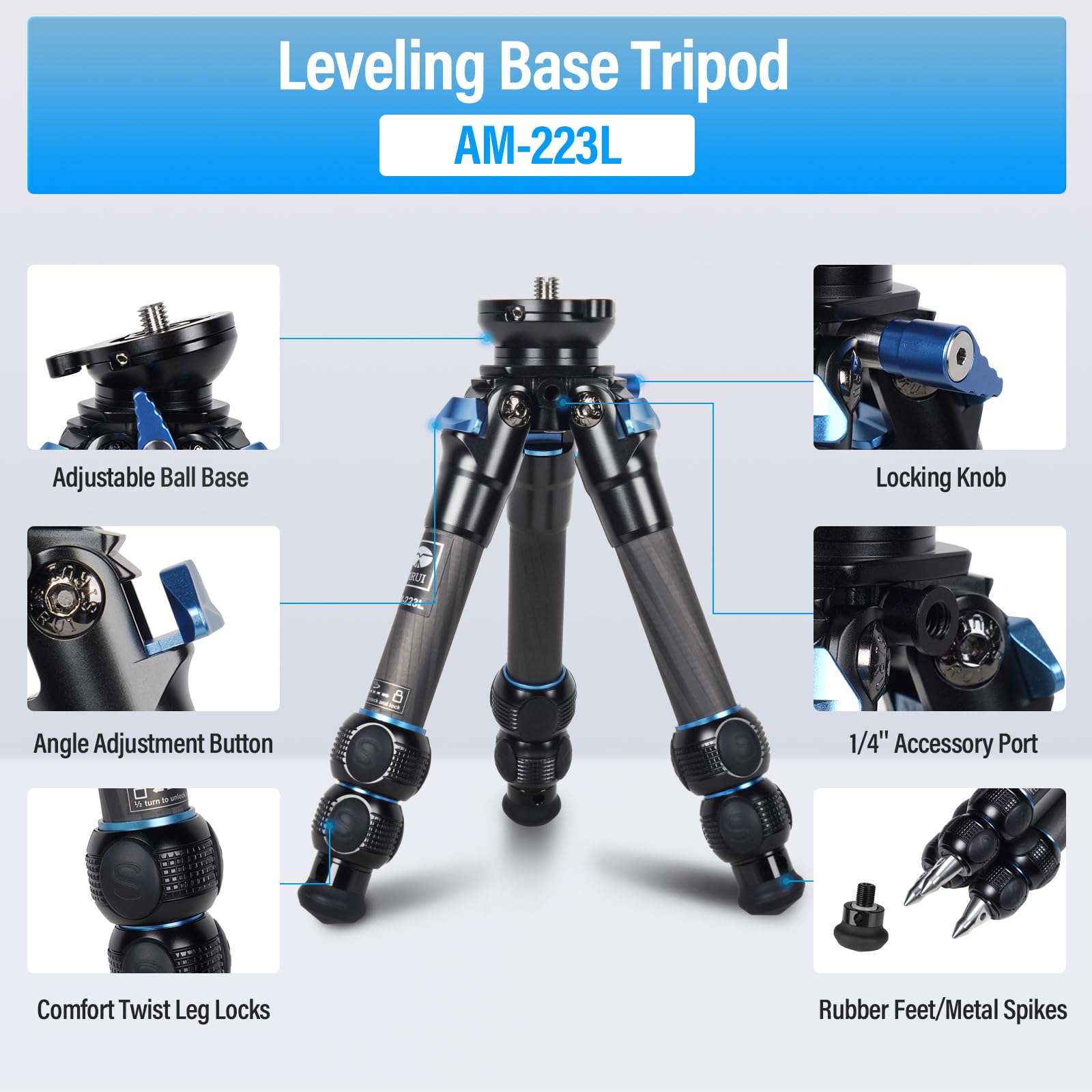 SIRUI AM223L Travel Video Tripod with Leveling Base, Mini Carbon Fiber Desktop Tripod for DSLR Camera Video Camcorder, Max Load 33lbs, Max Height 14.2"