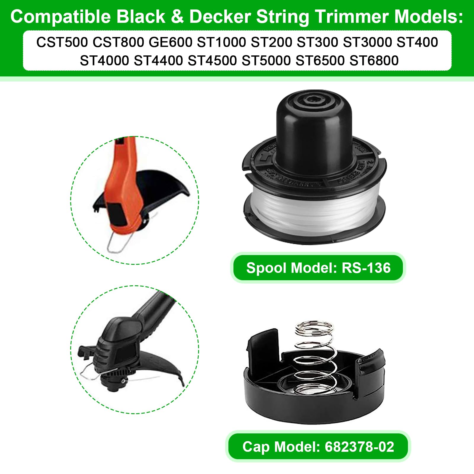 RS-136 Replacement for Black + Decker Weed Eater Bump Auto Feed Spool Compatible with ST1000 ST4000 ST4500 GE600 CST800 ST6800, String Trimmer Line 20ft 0.065"，8-Pack (6- Spool + 1 Cap+1 Spring)