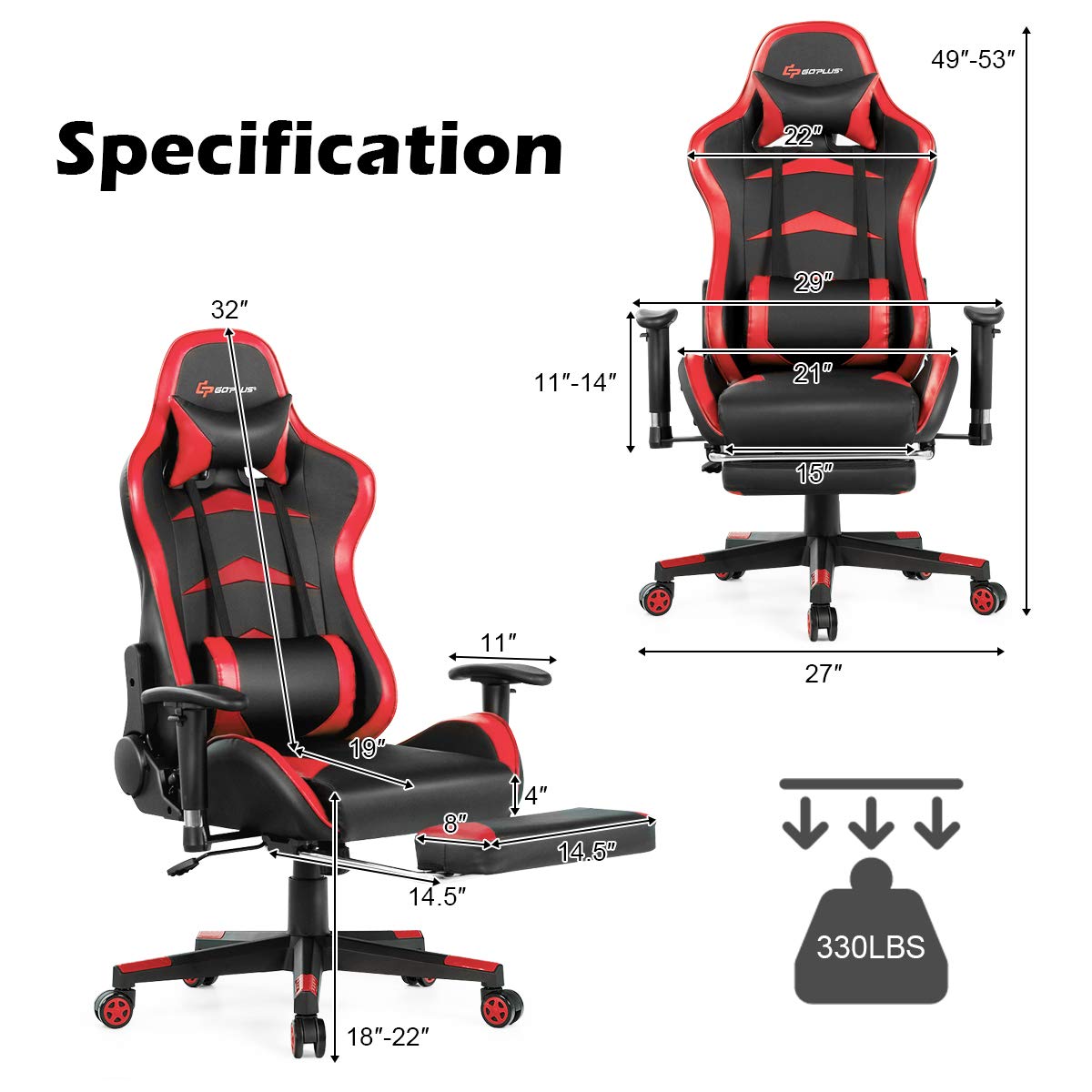 POWERSTONE Gaming Chair with Footrest Massage Ergonomic Office Computer Game Racing E-Sports Chair Lumbar Massage Pillow Footrest Headrest High-Back Leather Recliner Rolling Swivel Chair Red