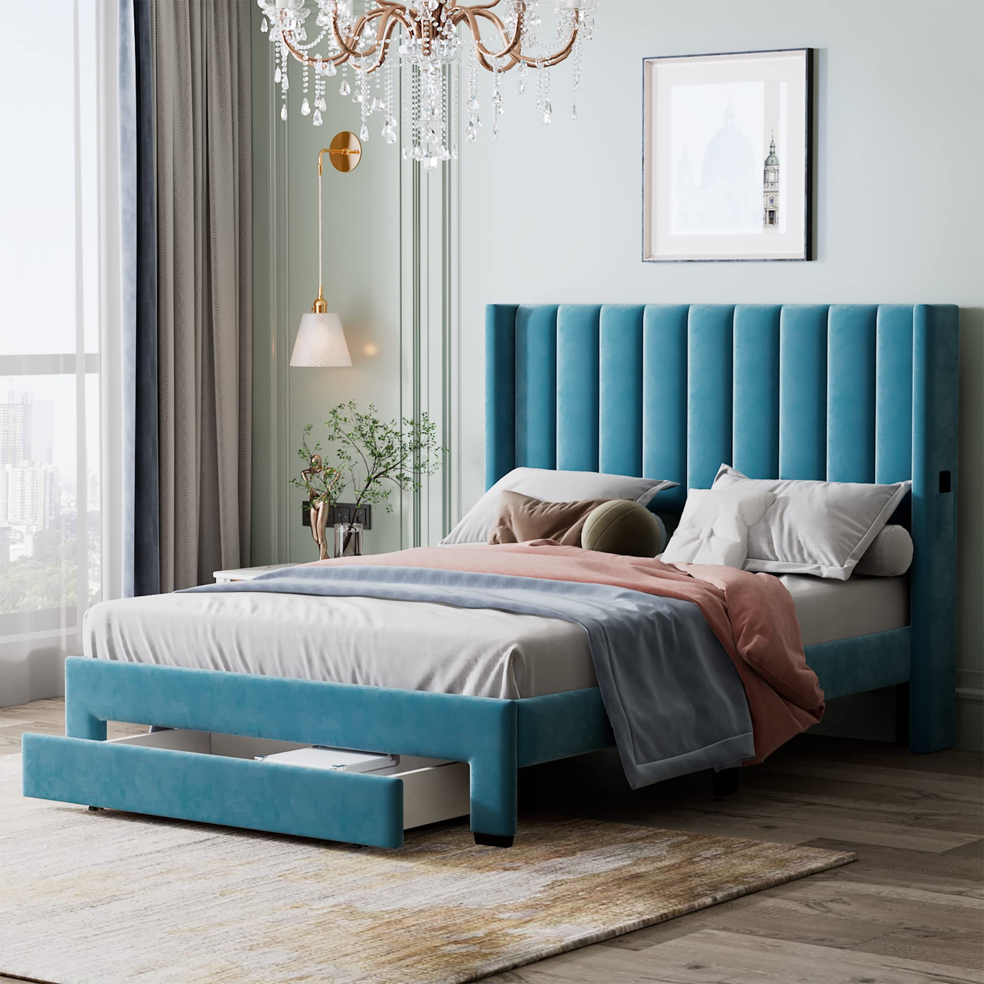 Prohon Full Size Platform Bed with Classic Vertical Stripes Headboard, Upholstered Wingback Backrest Storage Bed Frame w/A Big Storage Drawers on Endbed, Wood Slats Support Mattress Foundation, Blue