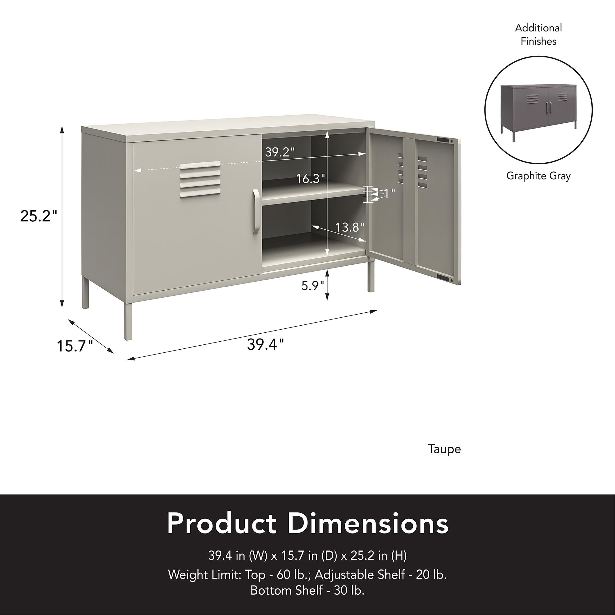 REALROOMS Bentley 2 Door Metal Locker Accent Cabinet, Graphite Gray
