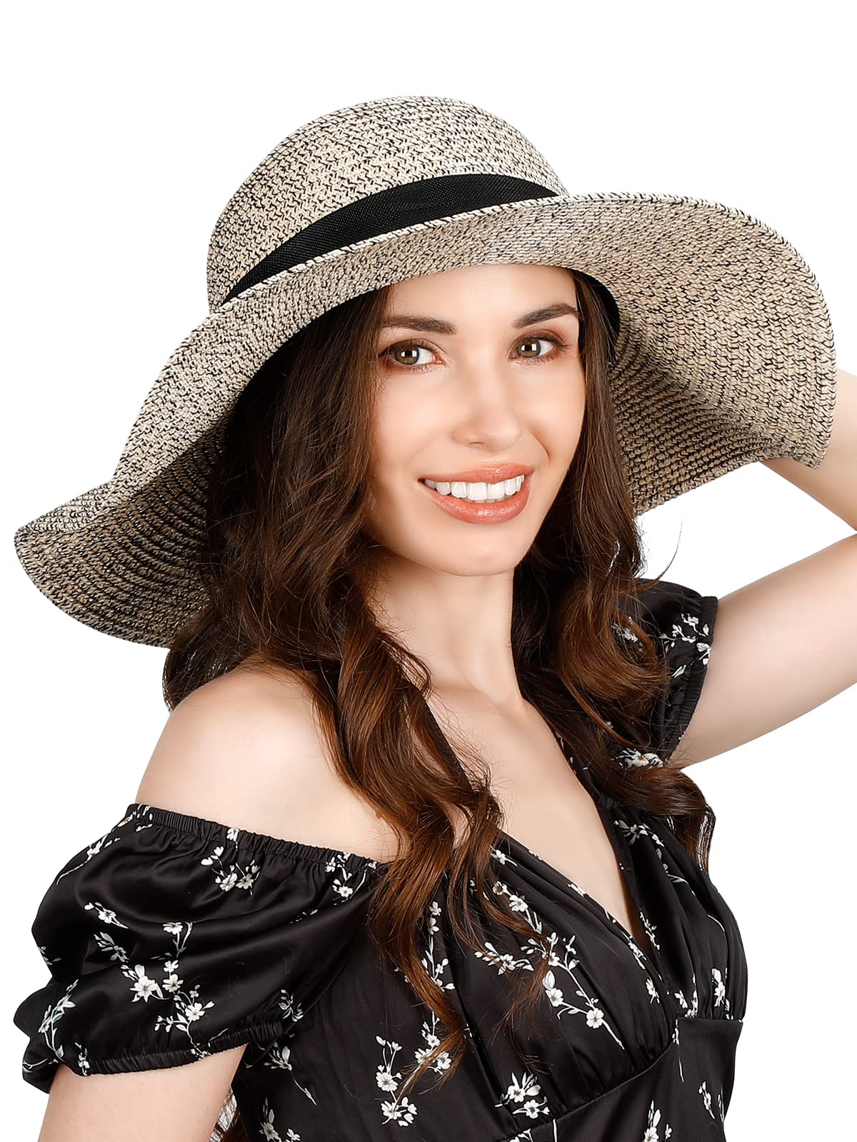 Womens Beach Straw Sun Hat: Large Ladies Foldable & Packable Floppy Hats with Wide Brim-UPF 50 UV Protection Summer Sunhat (Mixed Black)