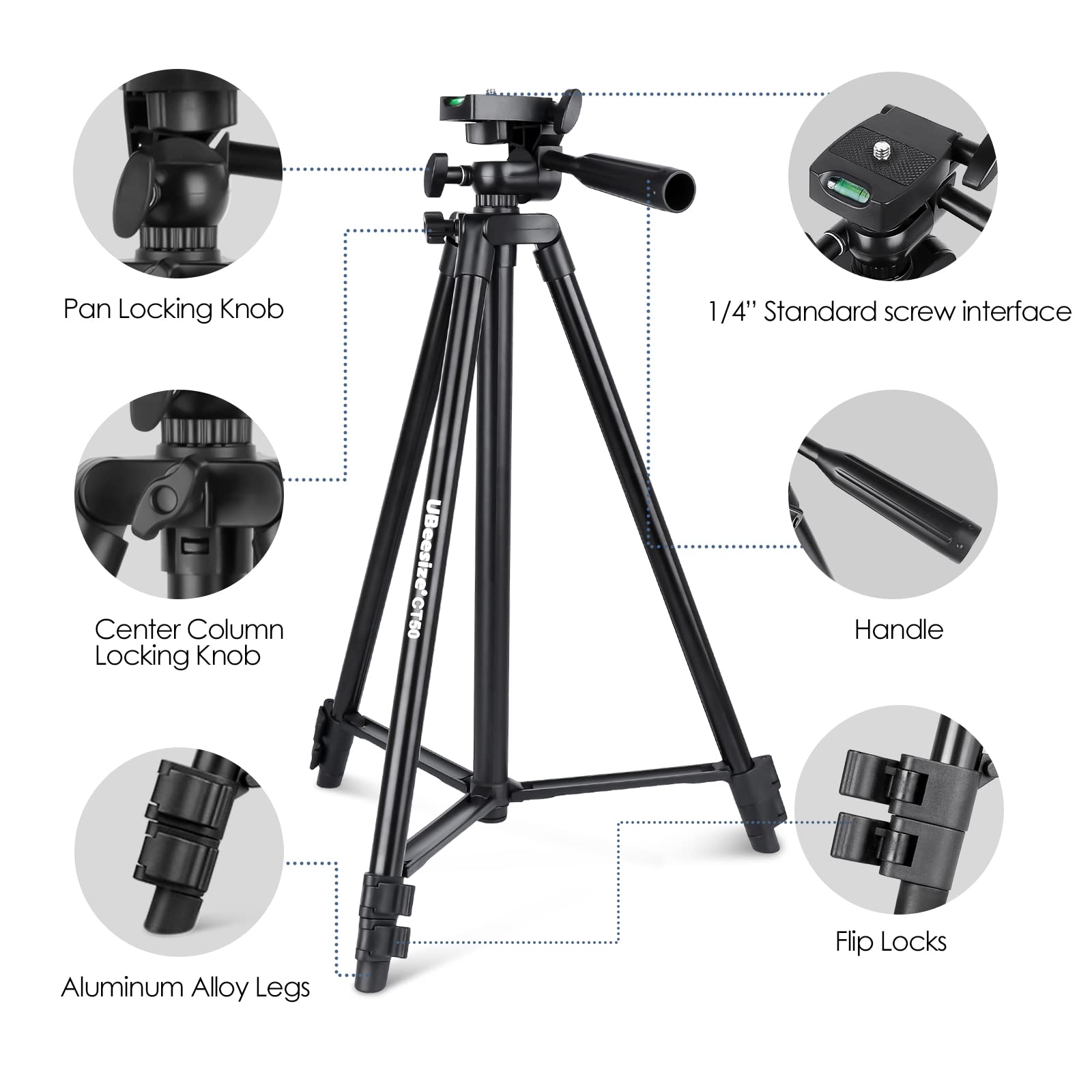 UBeesize 50-inch Lightweight Tripod for Cameras and Cell Phones, Aluminum Travel Tripod with Adjustable Phone Mount for iPhone and Android Black