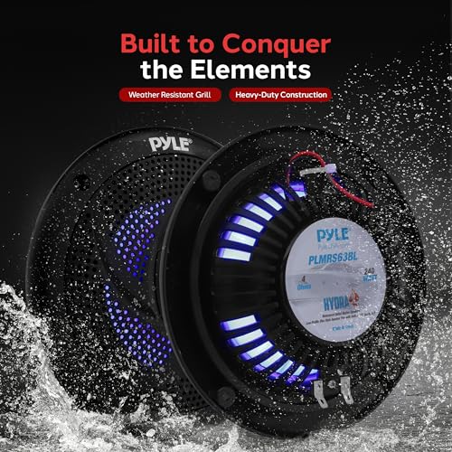 Pyle Marine Waterproof Speakers 6.5β - Low Profile Slim Style Wakeboard Tower and Weather Resistant Outdoor Audio Stereo Sound System with LED Lights and 240 Watt Power - 1 Pair in Black - PLMRS63BL