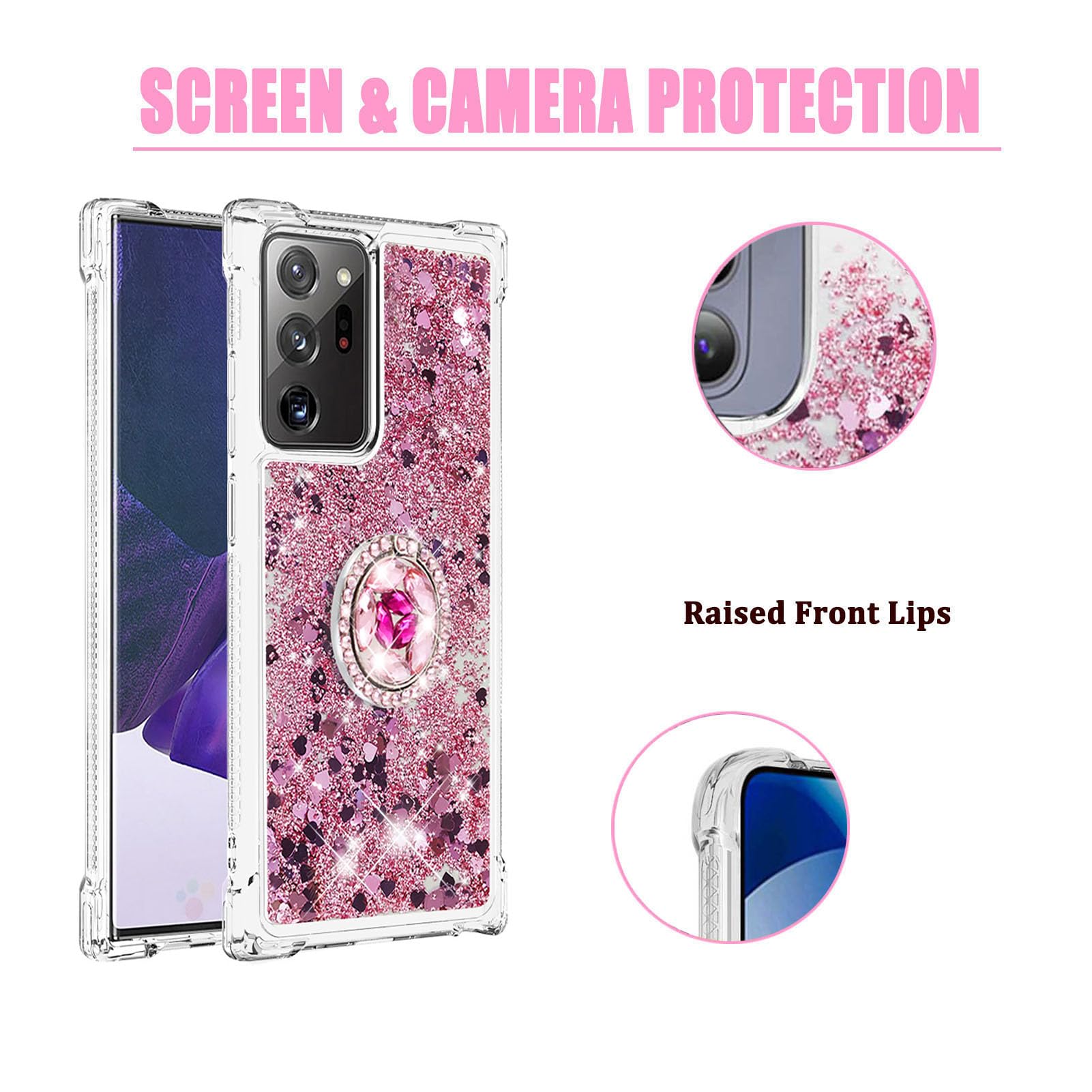 Phone Case for Samsung Galaxy Note 20 Ultra 5G with Screen Protector and Ring Holder Bling Liquid Glitter Clear Hybrid Silicone Cell Cover Note20 Plus Notes 20Ultra Note20+ U + 20+ Twenty Not S20 Pink