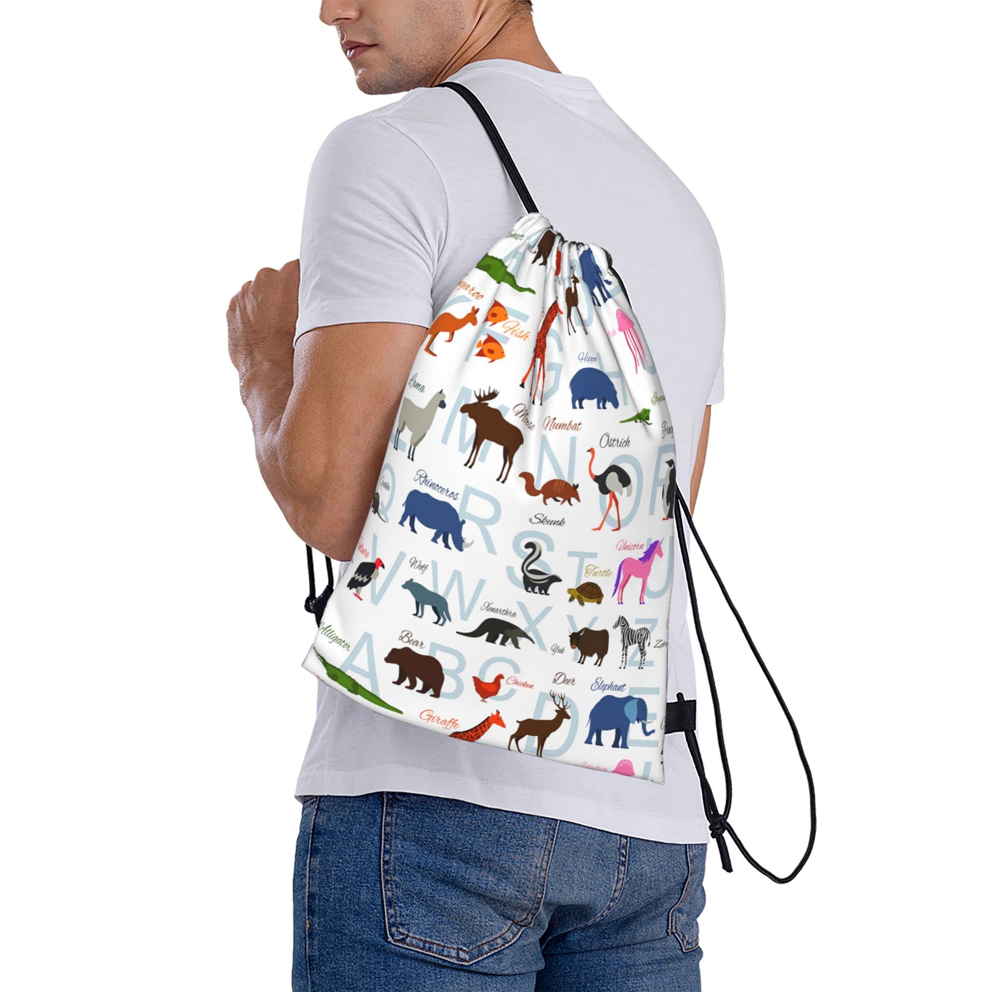 UTtitr Drawstring Backpack Alphabet Cute Zoo Animals Gym Sackpack Folding Dance Yoga Sack String Bag Waterproof Sport Daypack For Men Women Travel Beach Camping Cycling