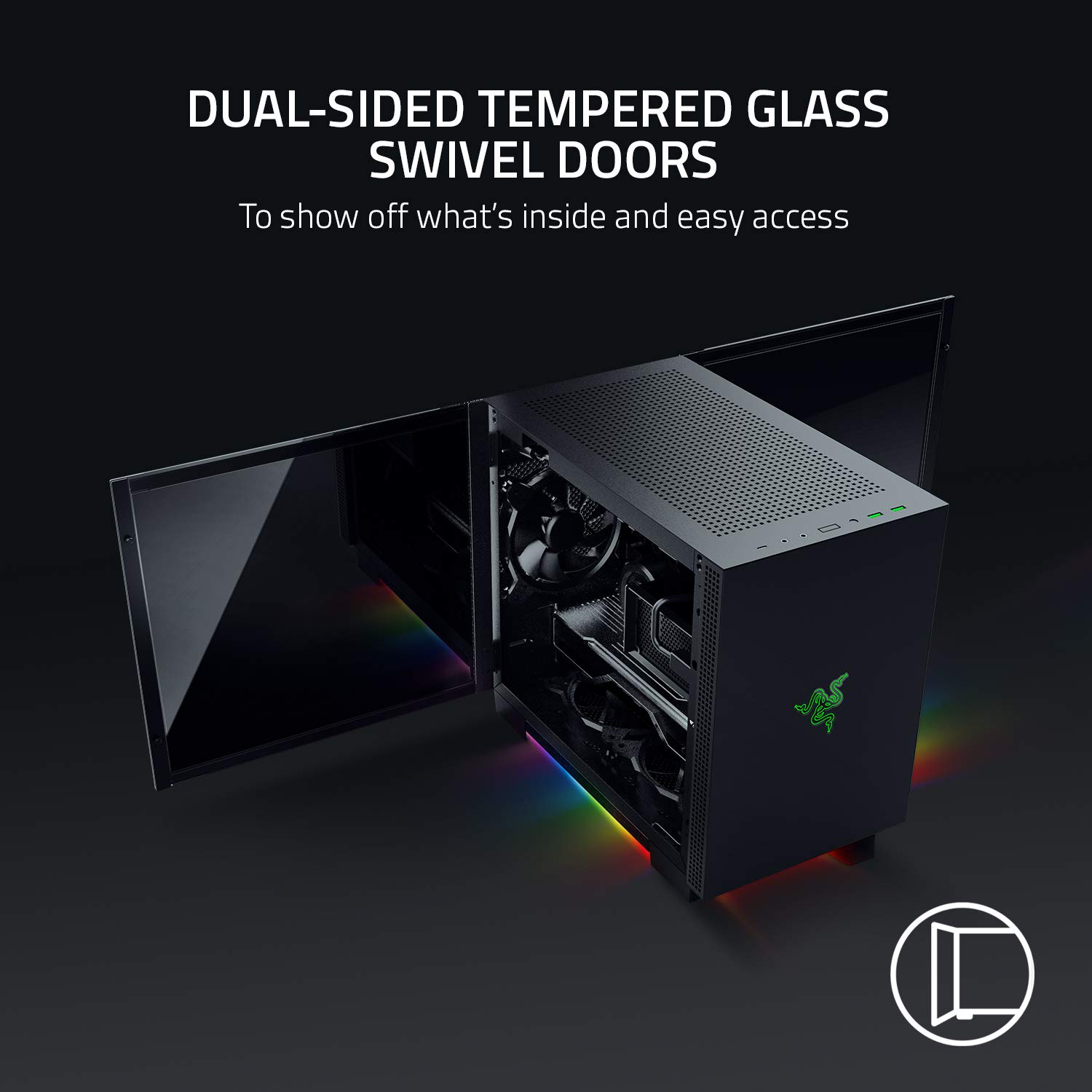 Razer Tomahawk Mini-ITX Gaming Case: Dual-Sided Tempered Glass Swivel Doors, Ventilated Top Panel, Chroma RGB Underglow Lighting, Built-in Cable Management, Classic Black