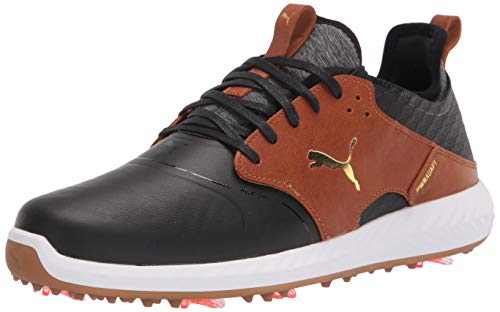 Puma Men's Ignite Pwradapt Caged Crafted Golf Shoe, Puma Black-Leather Brown-Puma Team Gold, 12