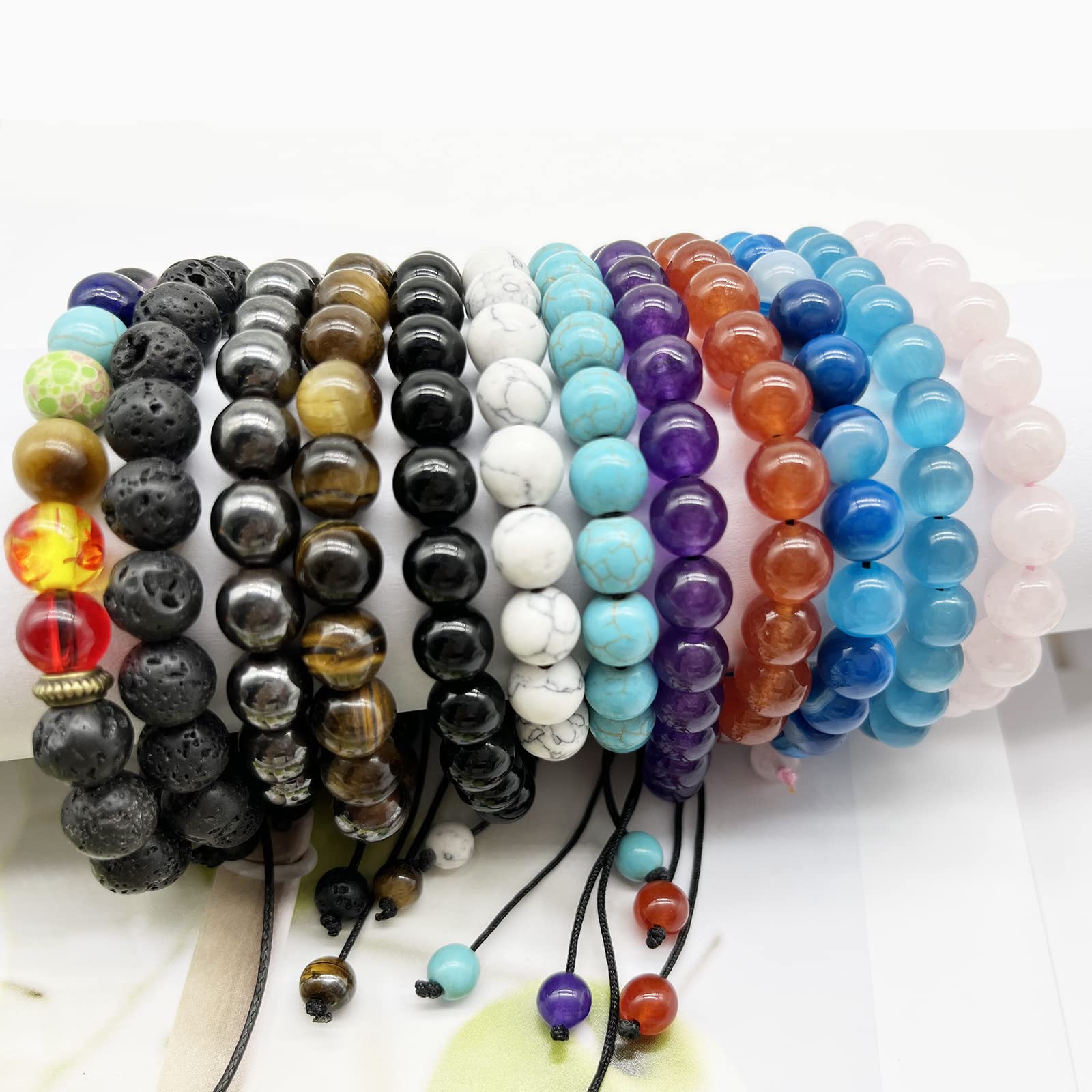 SROBENZ 12 Pcs 8mm Healing Gemstone Adjustable Beads Bracelets for Men Women Chakra Stone Crystal Beaded Bracelets Adjustable Lava Rock Amethyst Bracelets Unisex