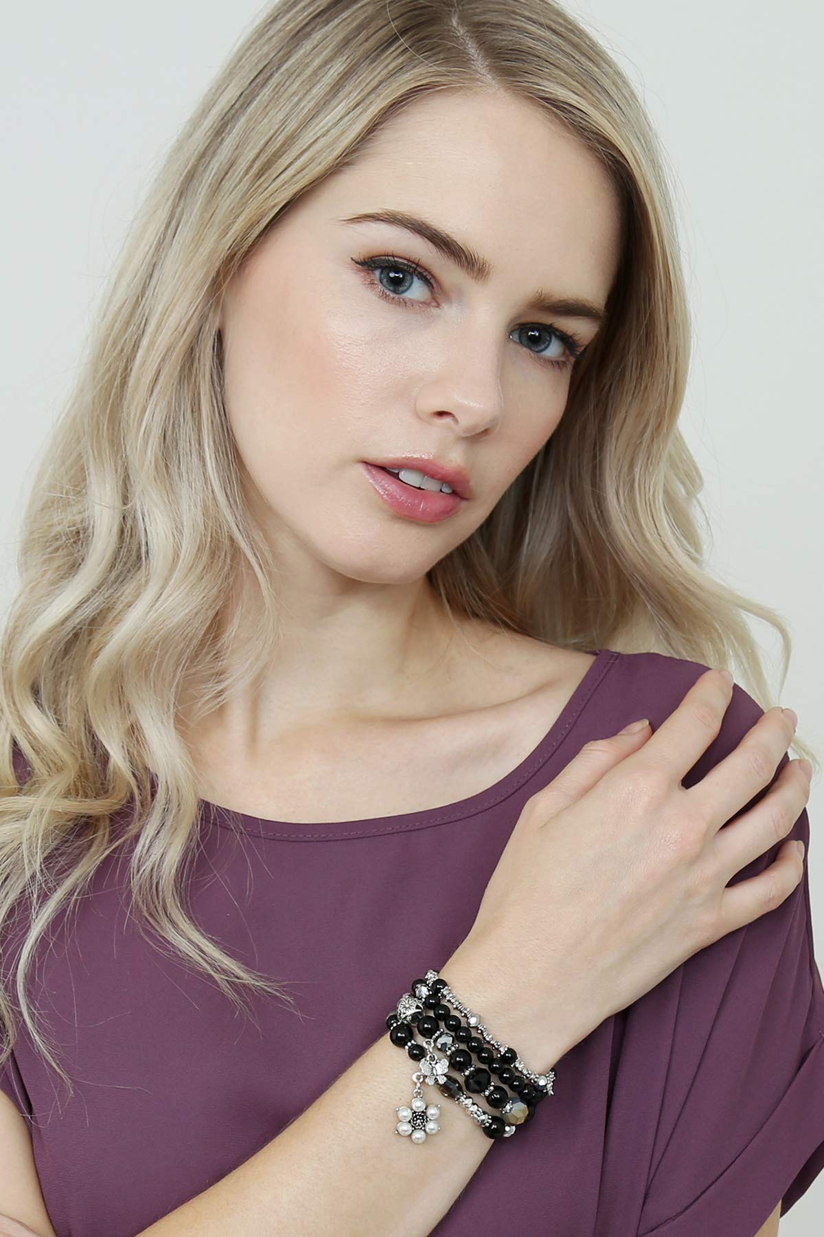 RIAH FASHION Bohemian Multi Strand Faux Pearl Bracelets - Layer Beaded Statement Stretch Lovely Crystal Bangles Star, Heart (Butterfly - Black)