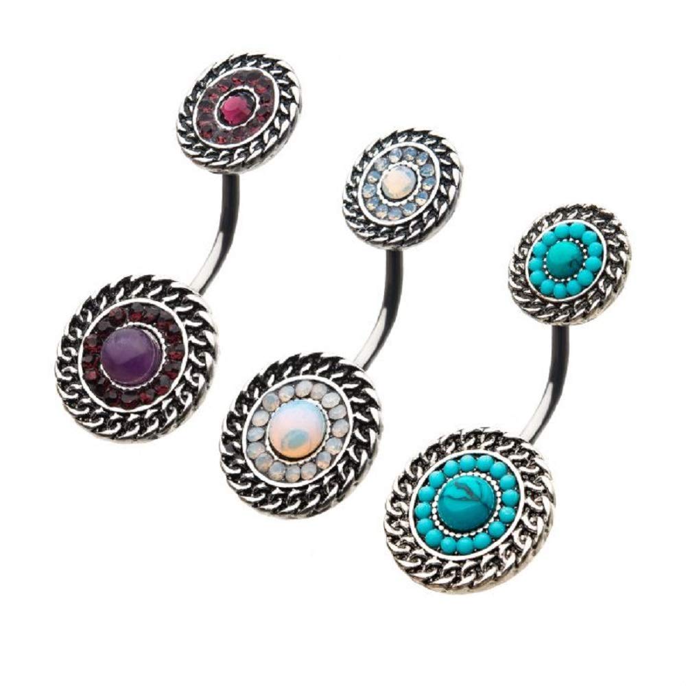 Pierced Owl Tribal Chain Swirl Bead Centered Stainless Steel Belly Button Navel Ring (Turquoise)