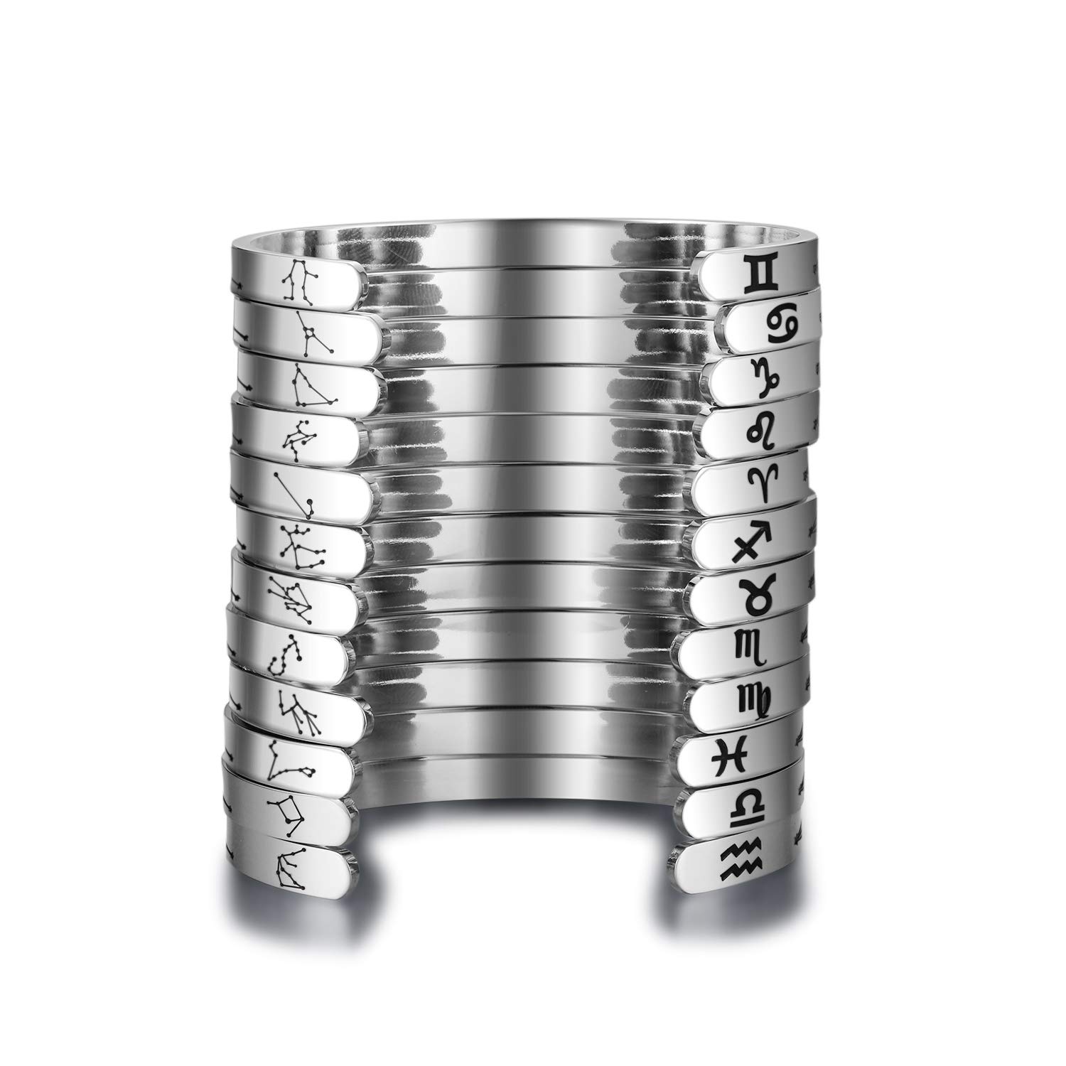 Silver Zodiac Cuff Bracelet Stainless Steel Engraving Size Adjustable Constellation Birthday Bracelet Gift for Women (Pisces)