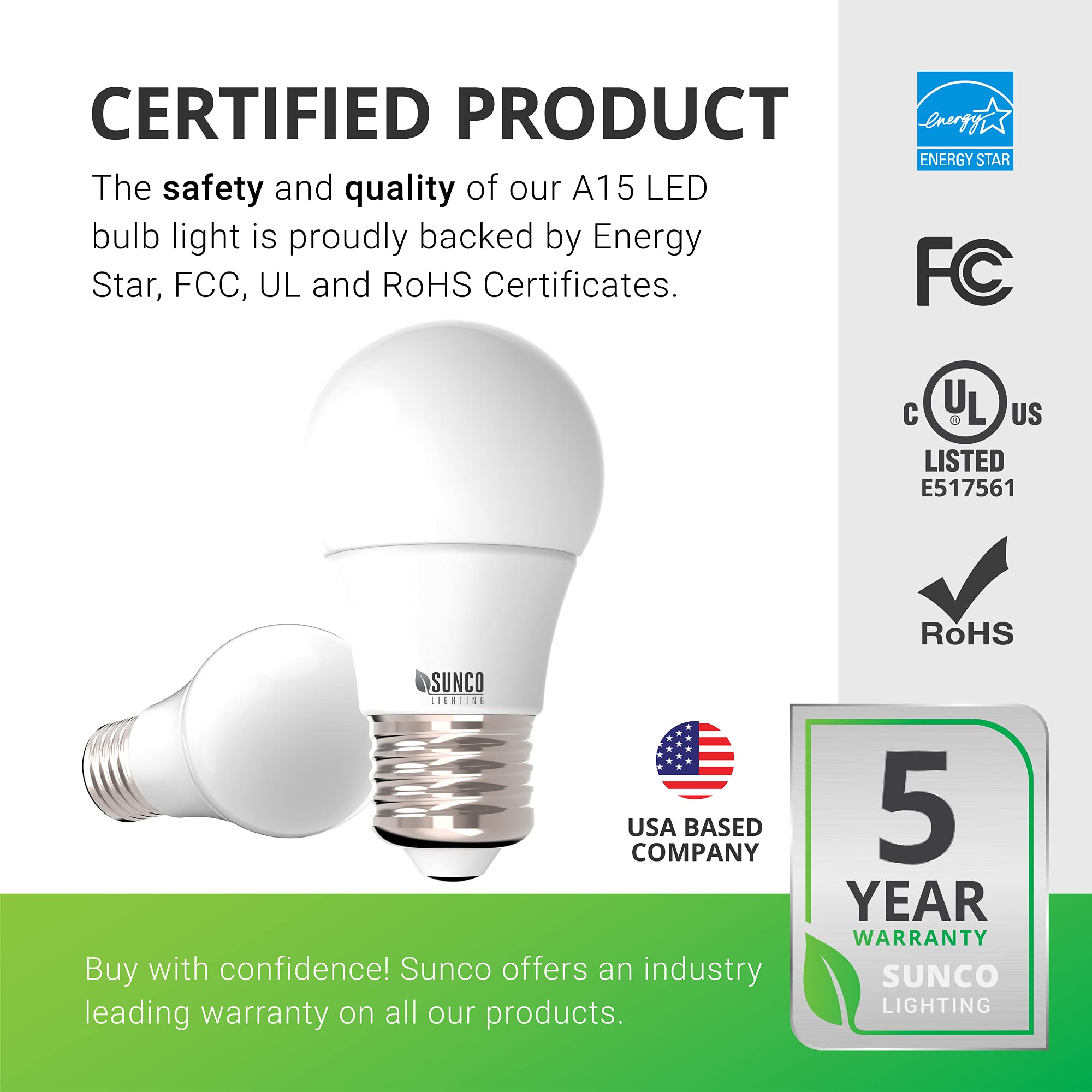 Sunco 8 Pack A15 LED Ceiling Fan Candelabra Light Bulbs E26 Medium Base CRI92 5000K Daylight 8W Equivalent 60W, 800 Lumens, Dimmable Waterproof Super Bright Appliance Indoor Outdoor - UL
