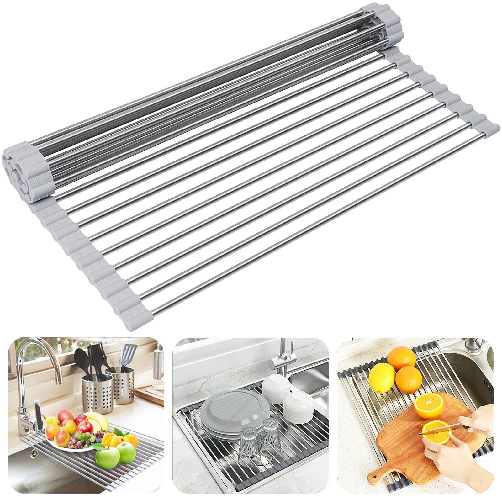 Searik Extra Large 20.5"x19.7" Dish Drying Rack Roll Up Sink Drying Rack, Over The Sink Dish Rack Multi-Use Stainless Steel Dish Drainers Heat Resistant Mat for Drying Draining Trivet