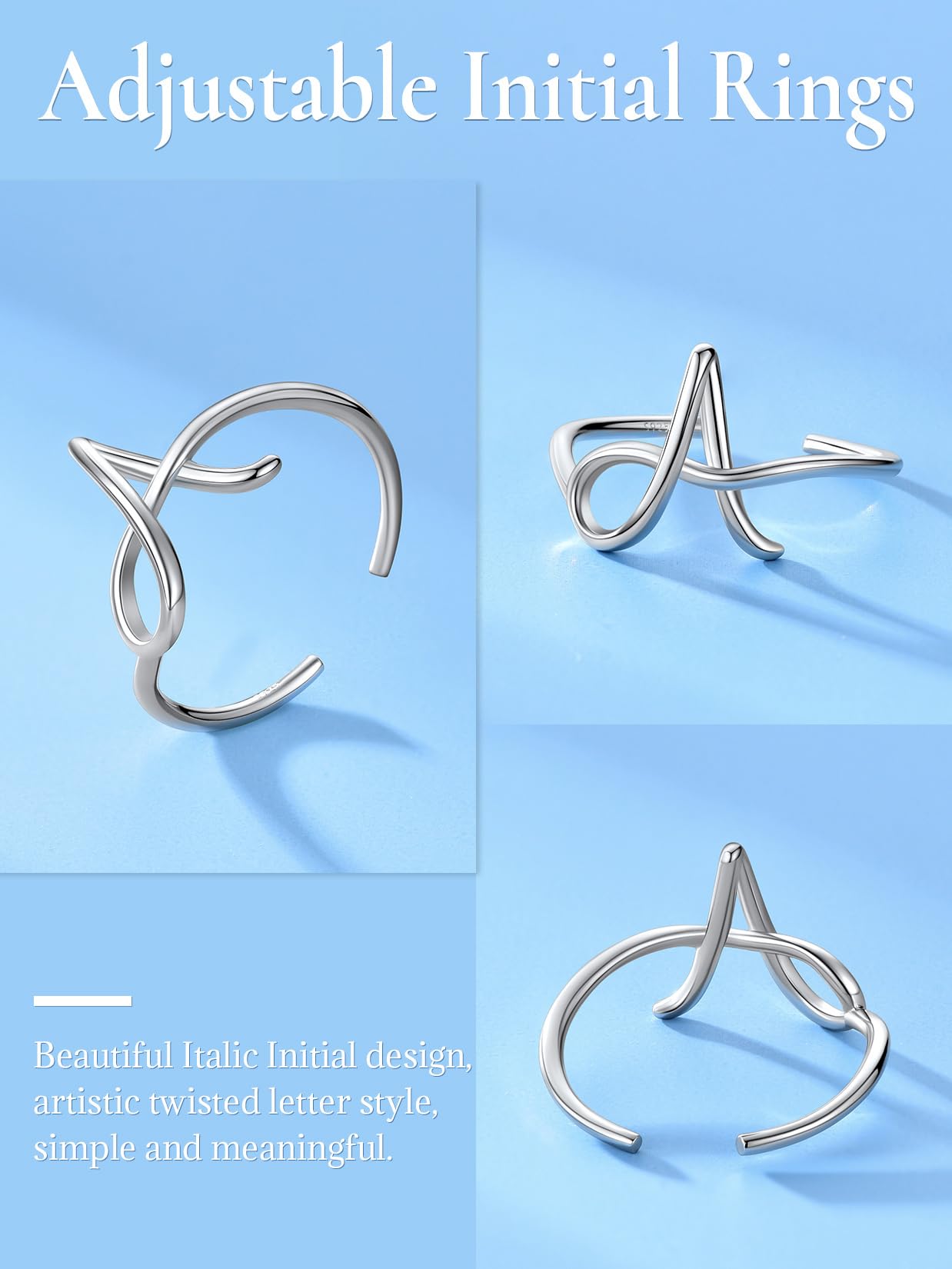 SILVERCUTE Cute Silver Initial Ring Open Adjustable Women Stackable Rings|925 Sterling Silver A-Z 26 Letters Initial Name Rings for Women(Alpahbet A)