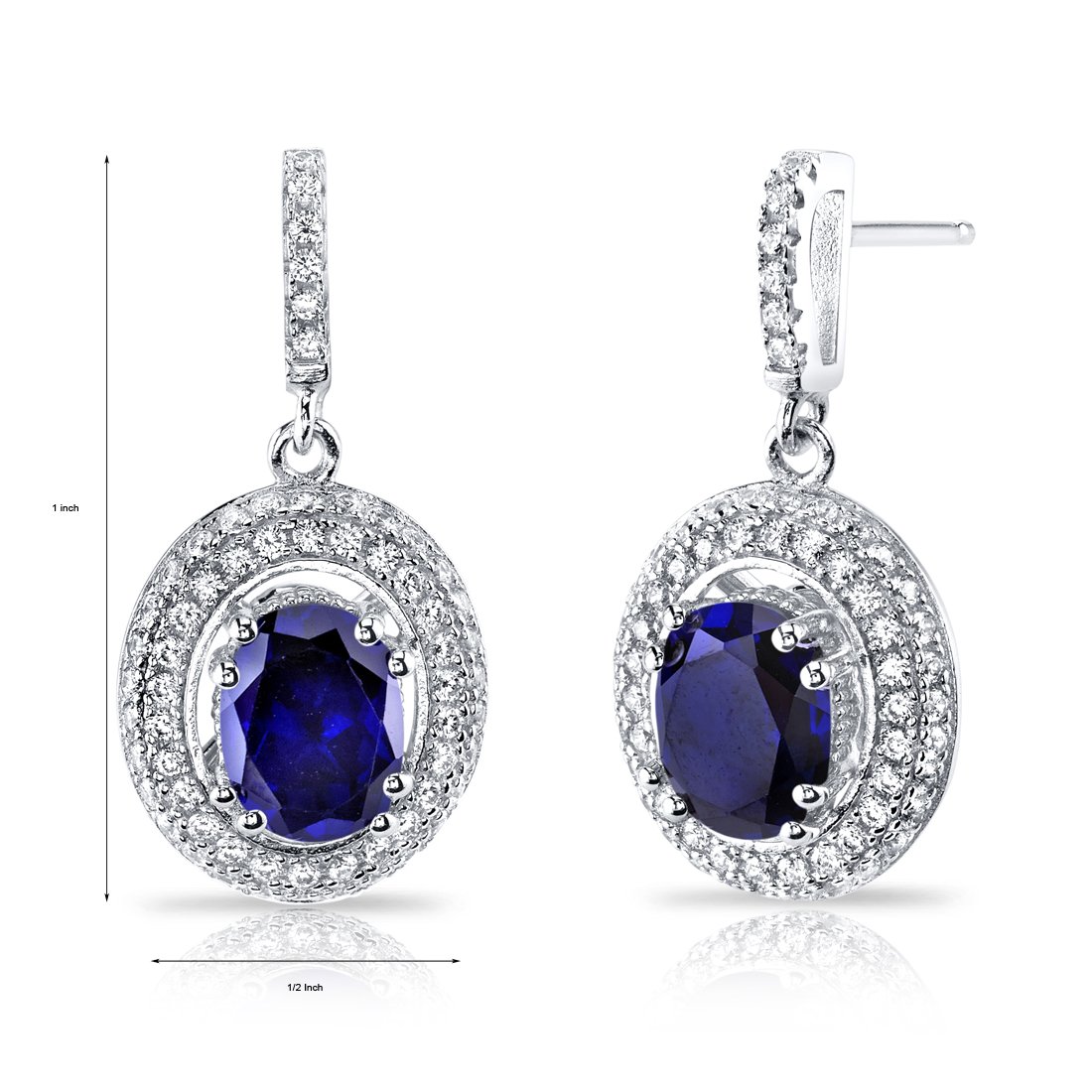 Peora Created Blue Sapphire Halo Dangle Earrings for Women 925 Sterling Silver, 3.50 Carats Total Oval Shape 8x6mm, Friction Backs