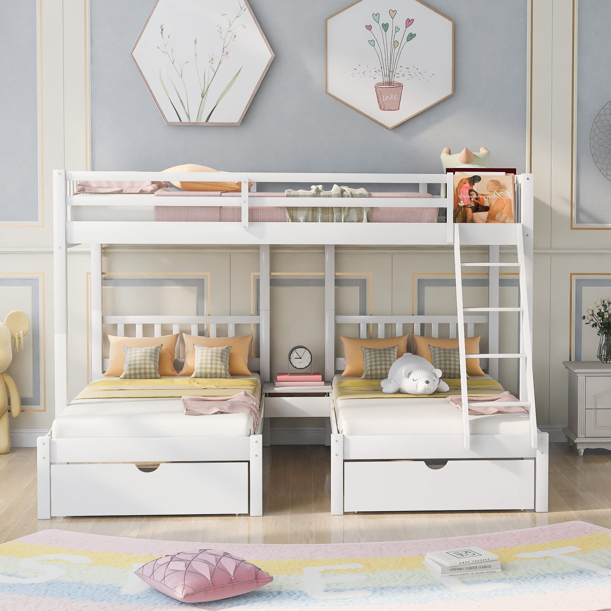 Wood Triple Bunk Bed with 3 Drawers and Guardrails, Full Over 2 Twin Bunk Bed for Family, Teens, No Box Spring Needed