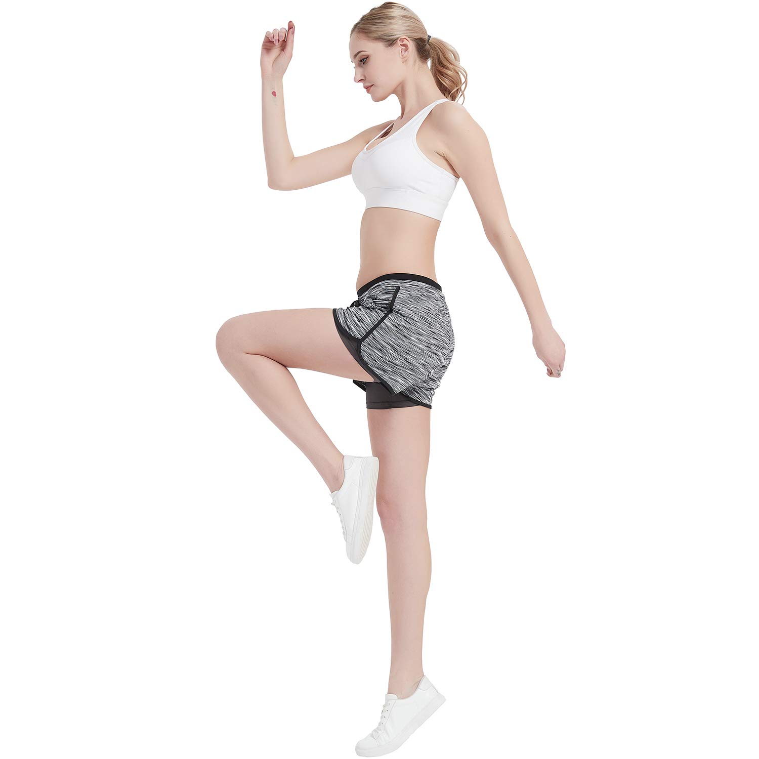 RIBOOM Women Workout Running Shorts 2 in 1 Active Yoga Gym Sport Shorts with Pockets Black White