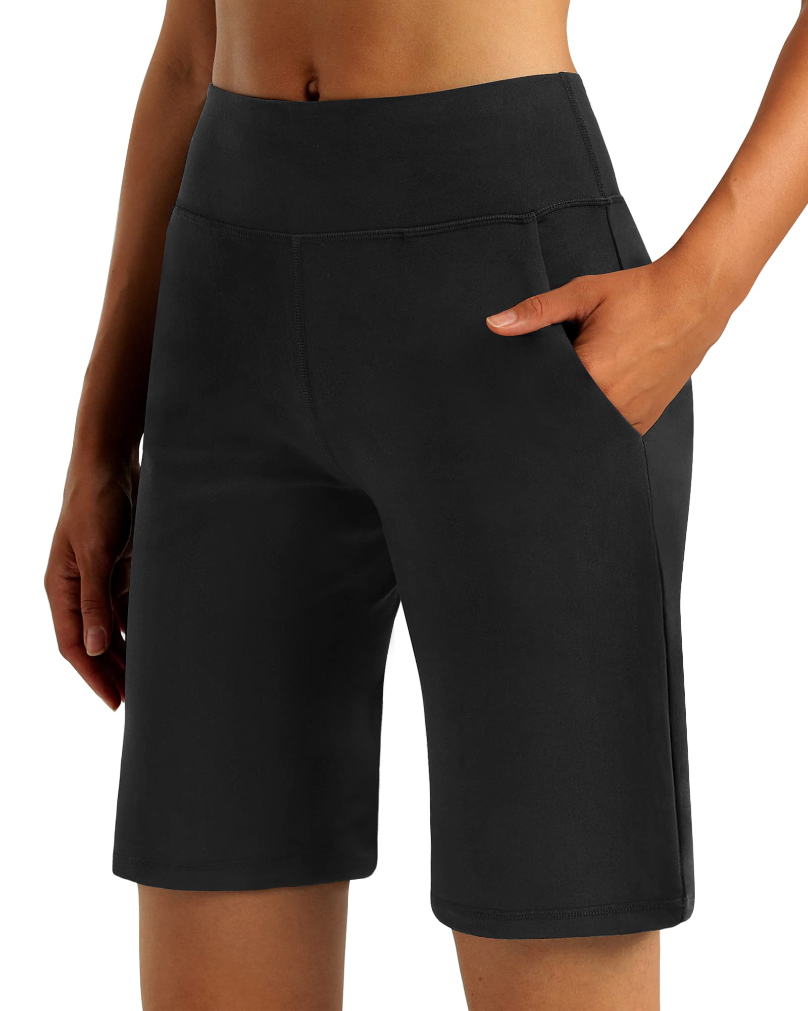 Stelle Women's 10" High Waist Athletic Bermuda Shorts Long Shorts with Pockets for Yoga Running Workout (Black, L)