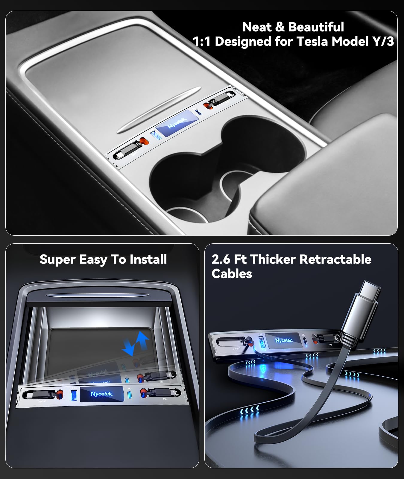 Nycetek Upgraded Tesla USB Hub - QC 3.0 Center Console Fast Charger Adapter for Tesla Model 3/Y (2021-2023) Accessories - 2.6ft Retractable Cables for All Phones
