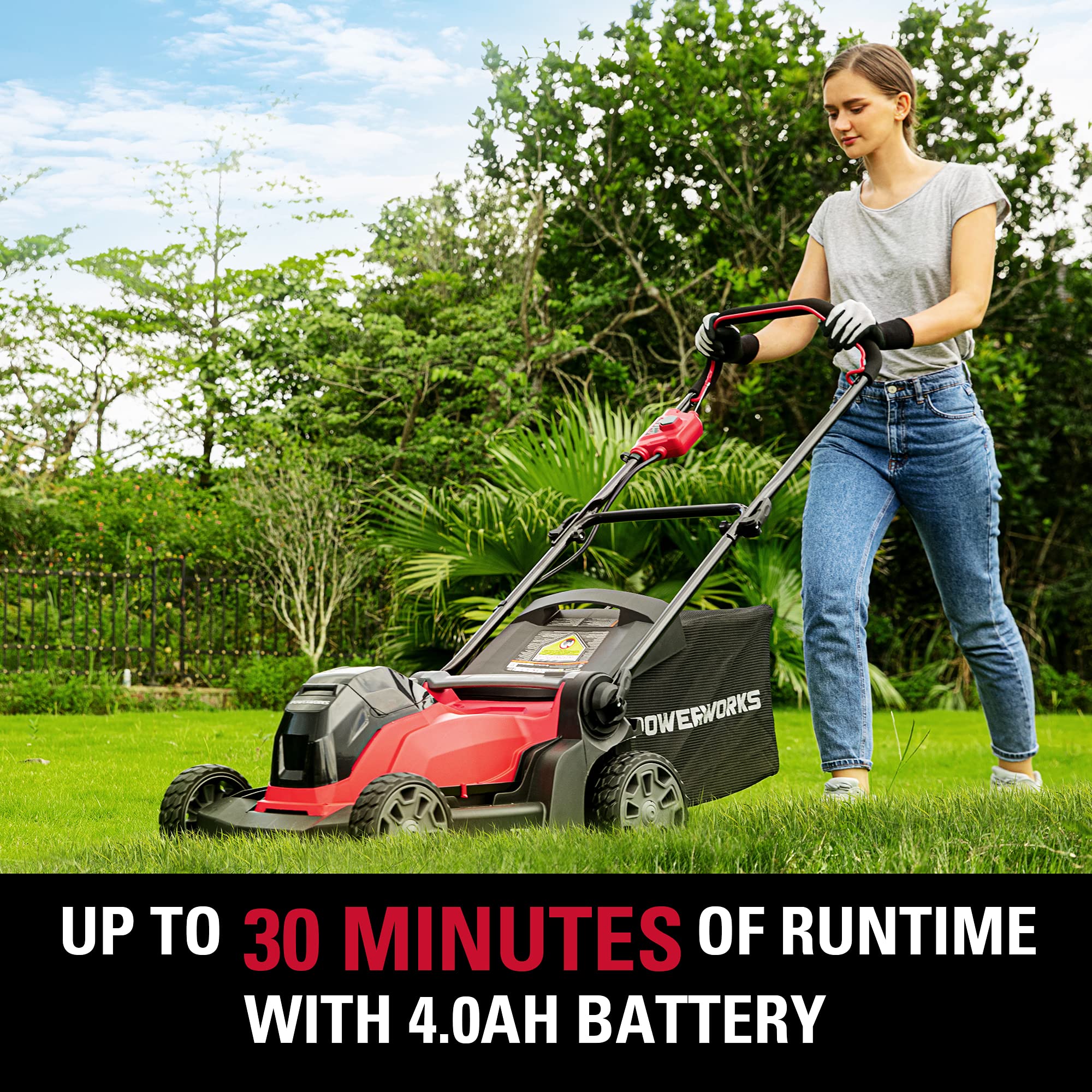 Powerworks 40V 17 inch Cordless Lawn Mower with 4.0 Ah Battery and Charger Included