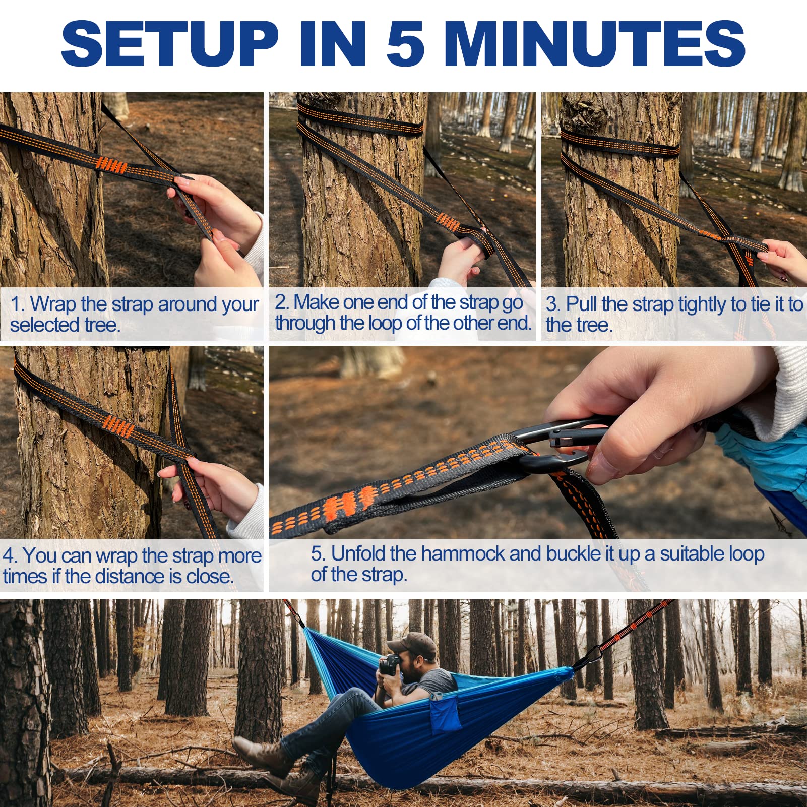 UEAKPIC Hammock Camping , Double Portable Hammocks with Tree Straps , Parachute Lightweight Nylon Hammock for Outdoor Travel Backpacking (Dark Blue / Blue )
