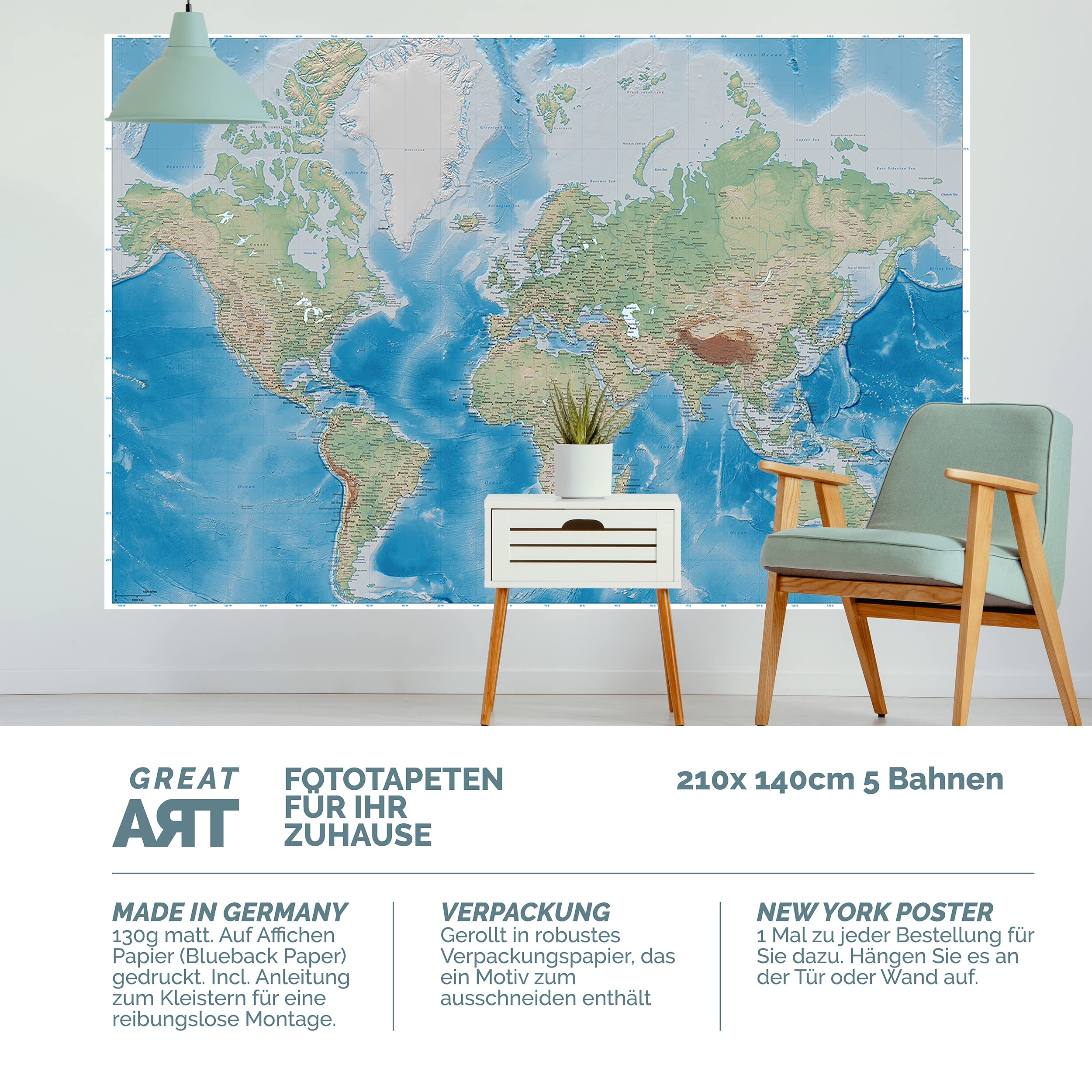 Photo Wallpaper β Modern World Map β Picture Decoration Miller Projection Plastically Relief Design Earth Atlas Globe Continents Image Decor Wall Mural (82.7x55.1in - 210x140cm)