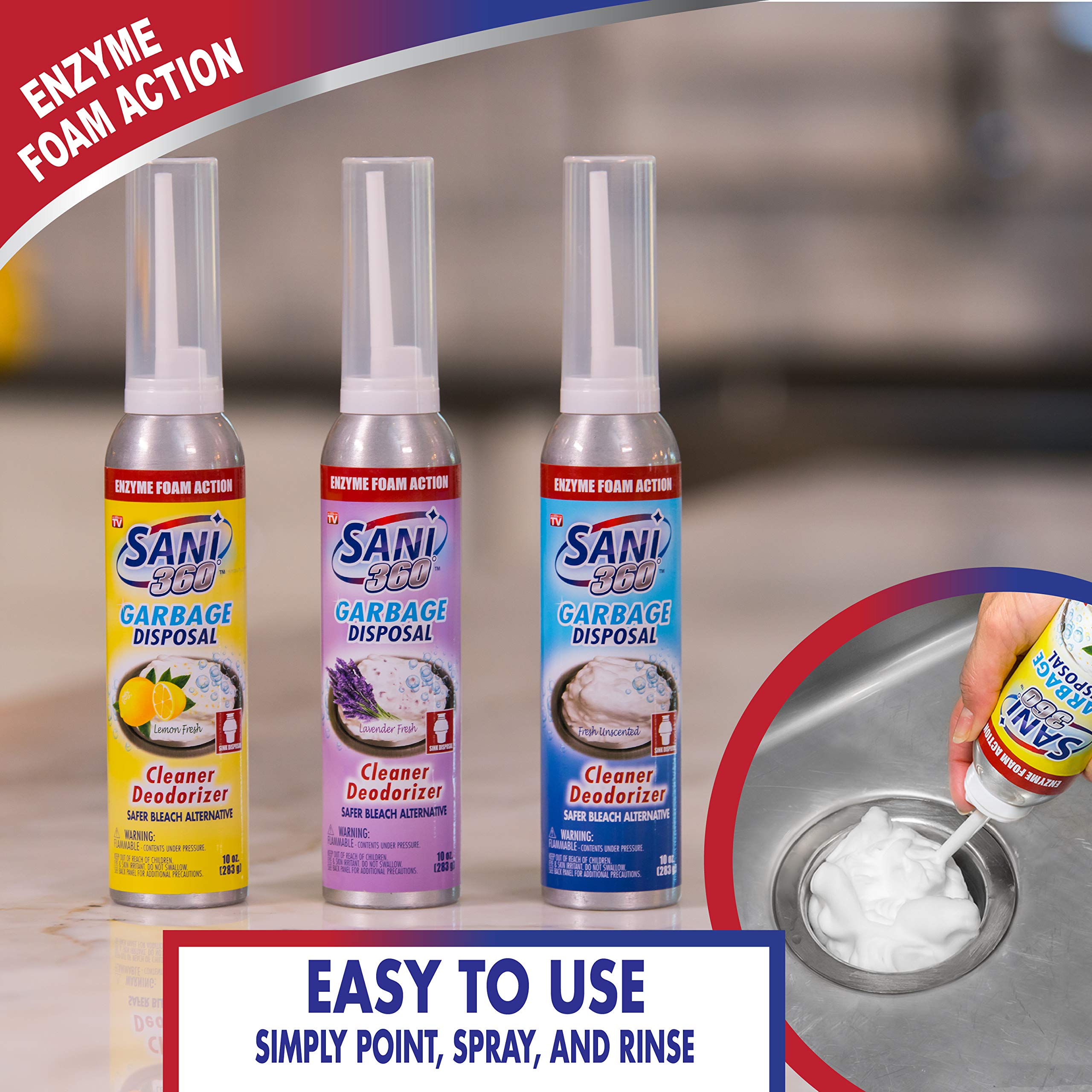 Sani 360 Garbage Disposal Cleaner β Lemon Scent, 10oz Bottle of Foam - 8 to 10 Uses